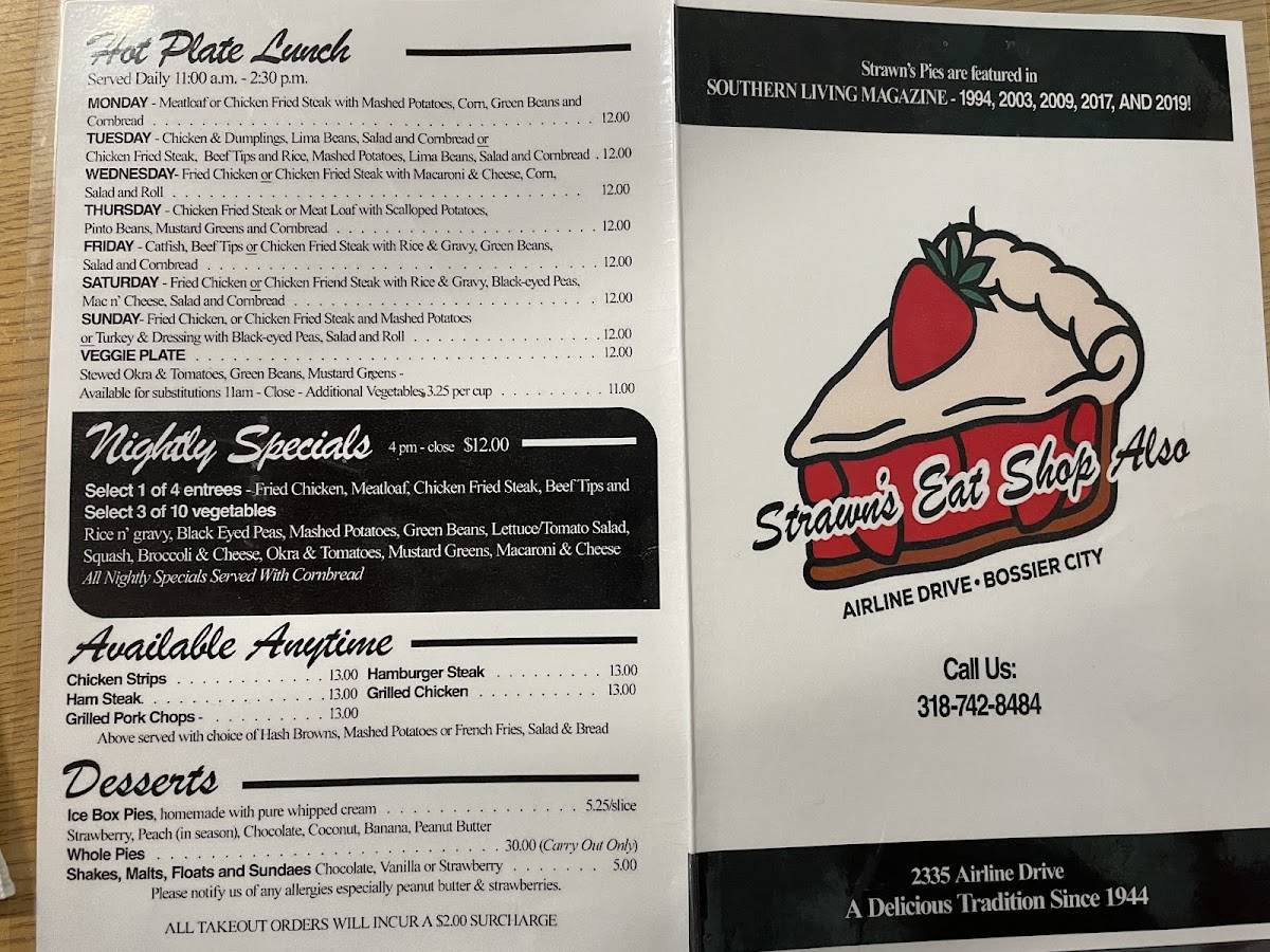 Menu at Strawn's Eat Shop Also restaurant, Bossier City