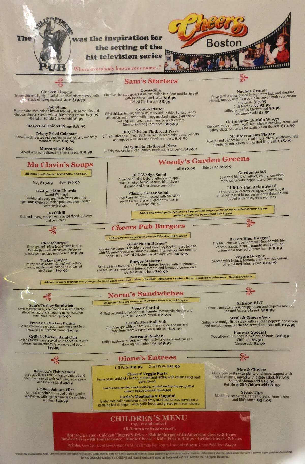 Menu at Cheers pub & bar, Boston, 84 Beacon St