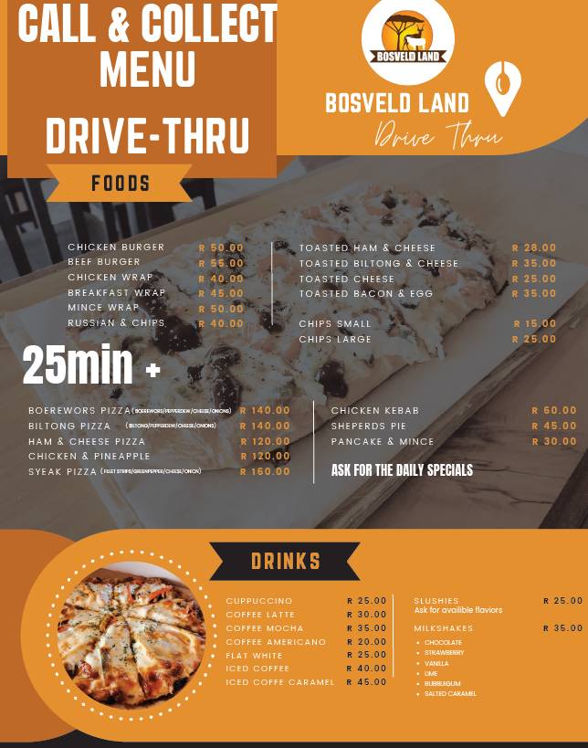 Menu at Bosveld Land Cafe/Drive-Thru, Vaalwater