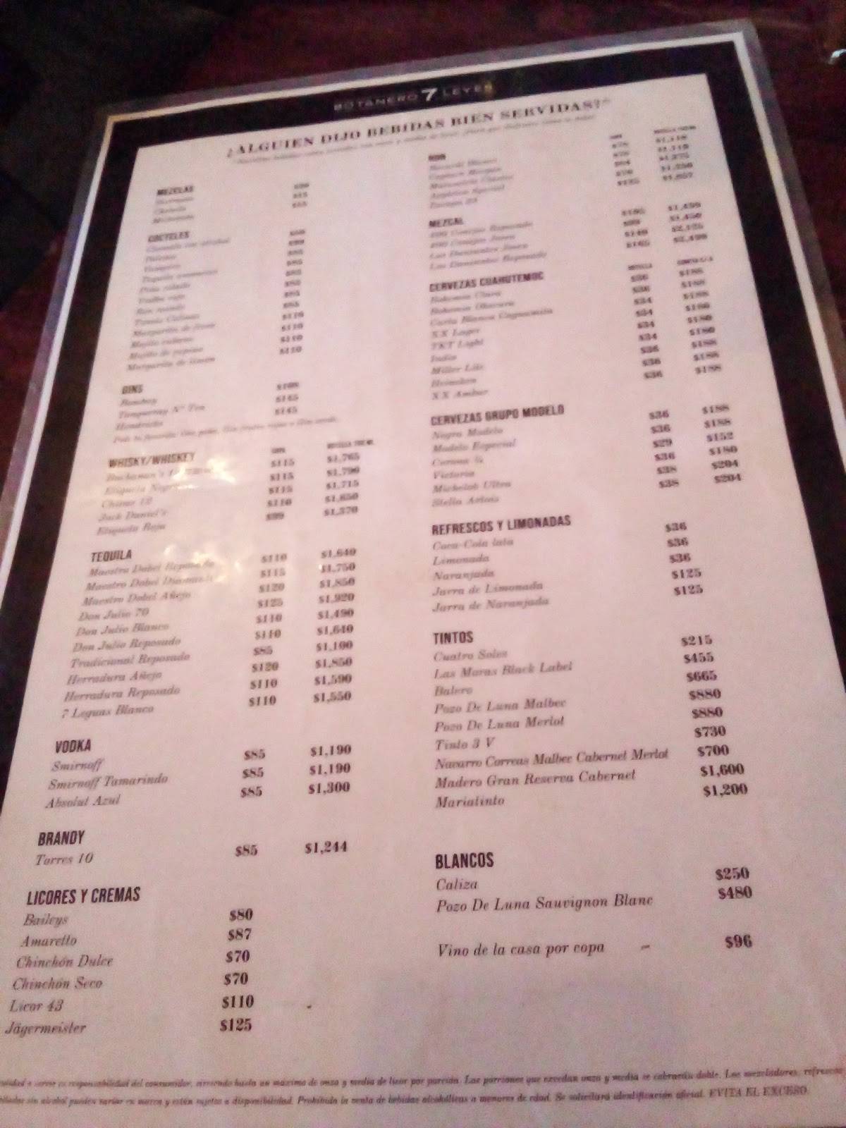 Menu at Botanero 7 Leyes restaurant, Ciudad Victoria