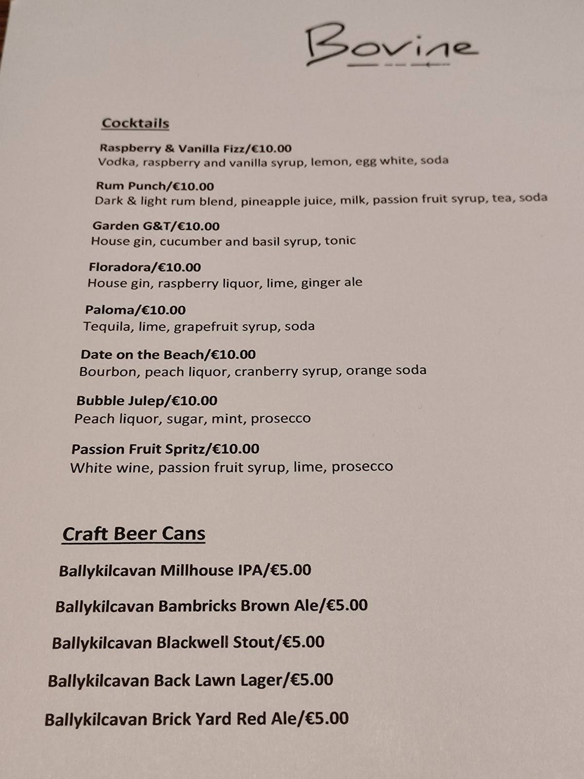 Menu at Bovine restaurant, Portlaoise