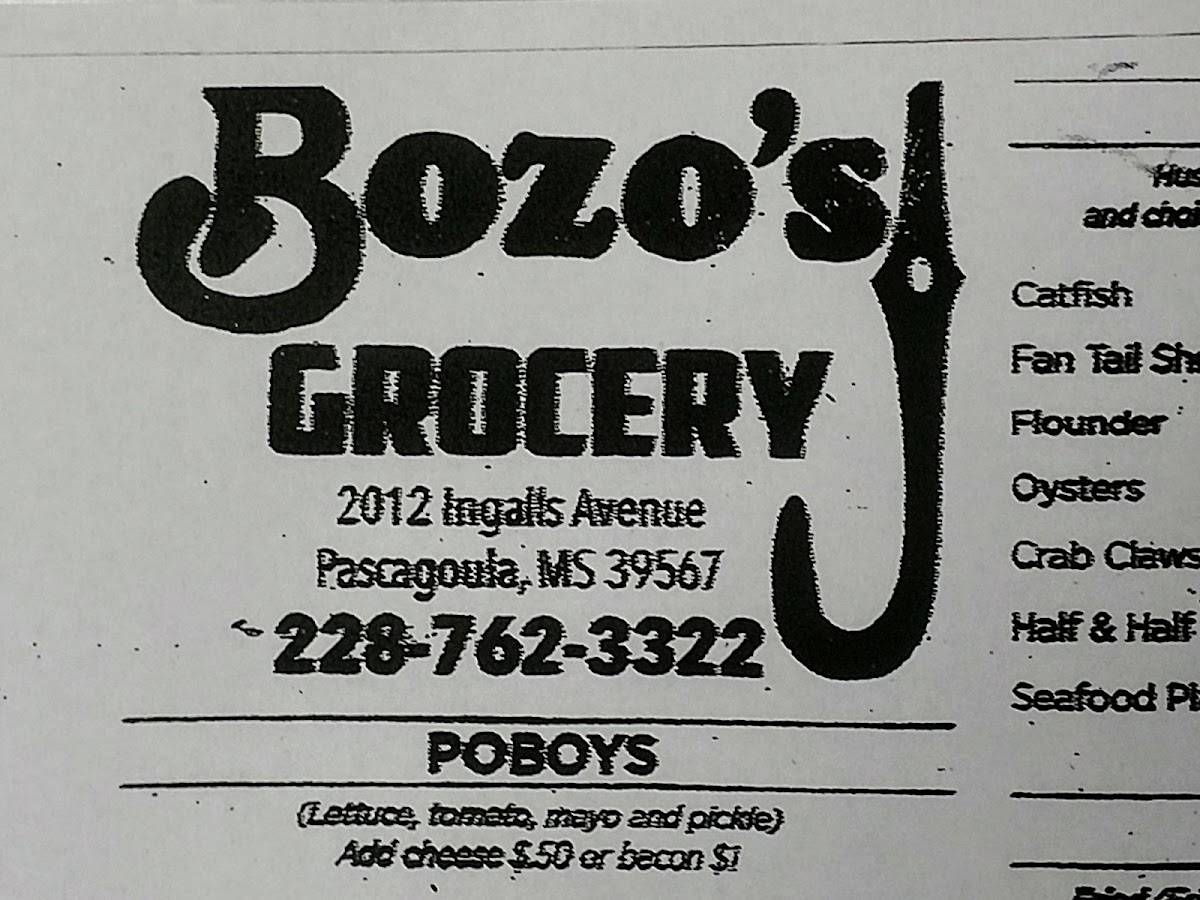 Menu at Bozo's Seafood Market restaurant, Pascagoula