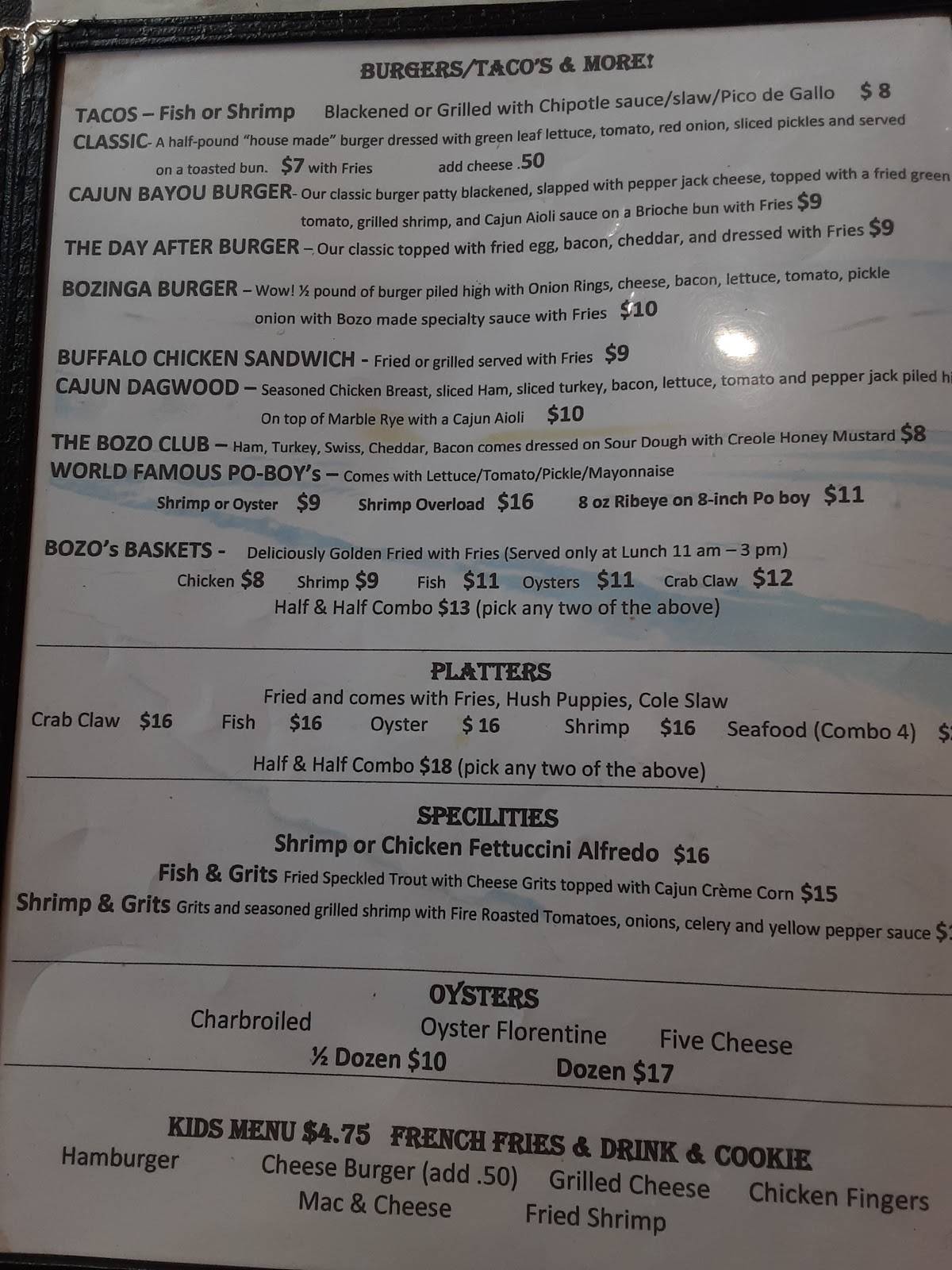 Menu at Bozo's Seafood Market restaurant, Pascagoula