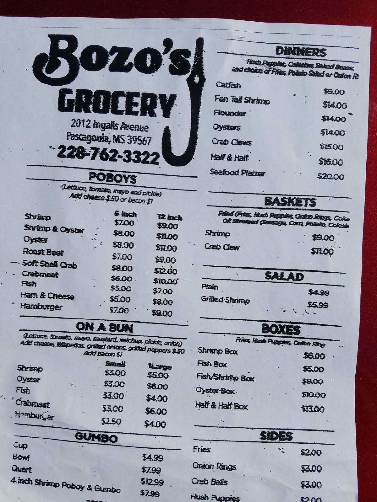 Menu at Bozo's Seafood Market restaurant, Pascagoula