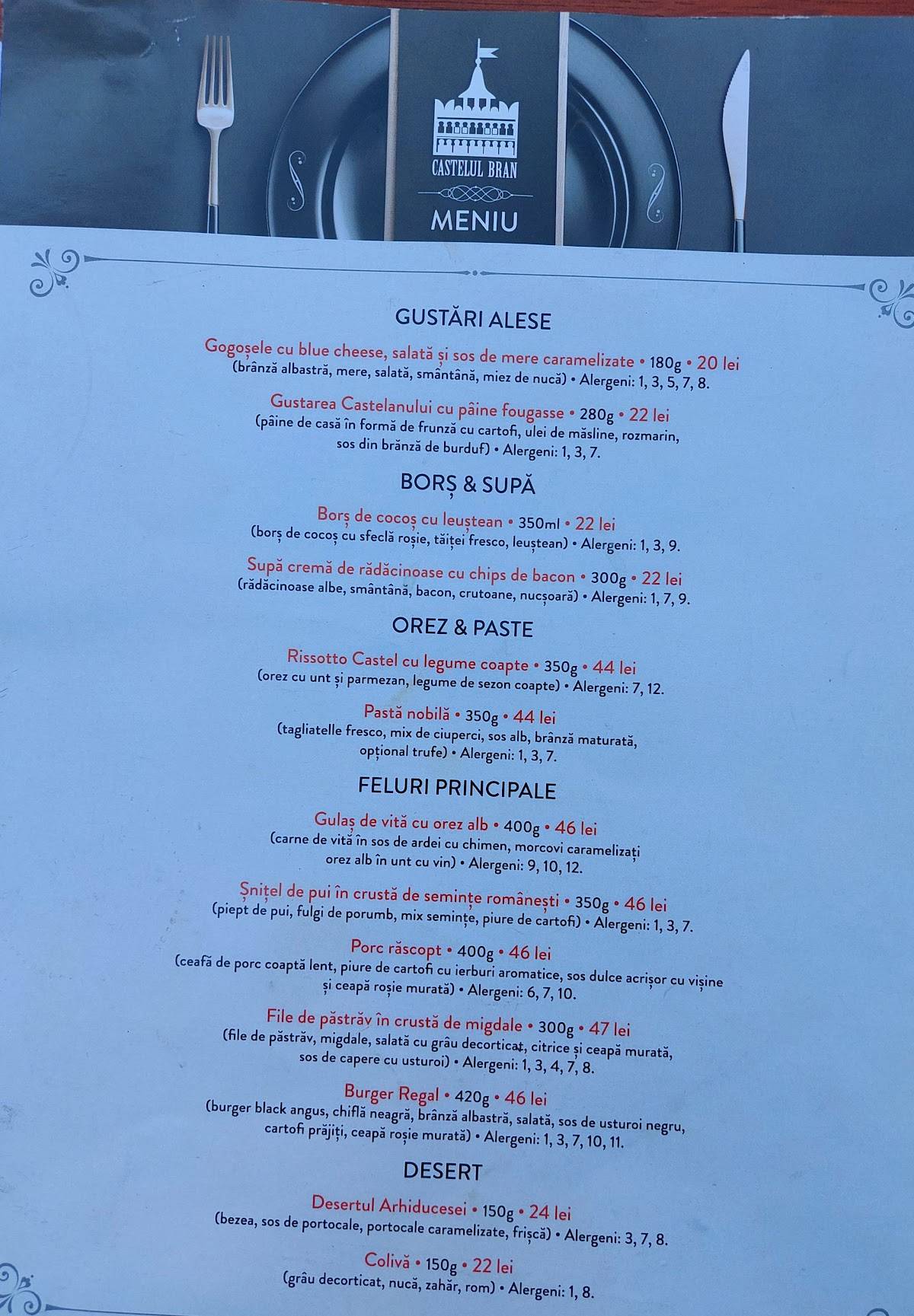 Menu at Bran Castle Restaurant, Bran