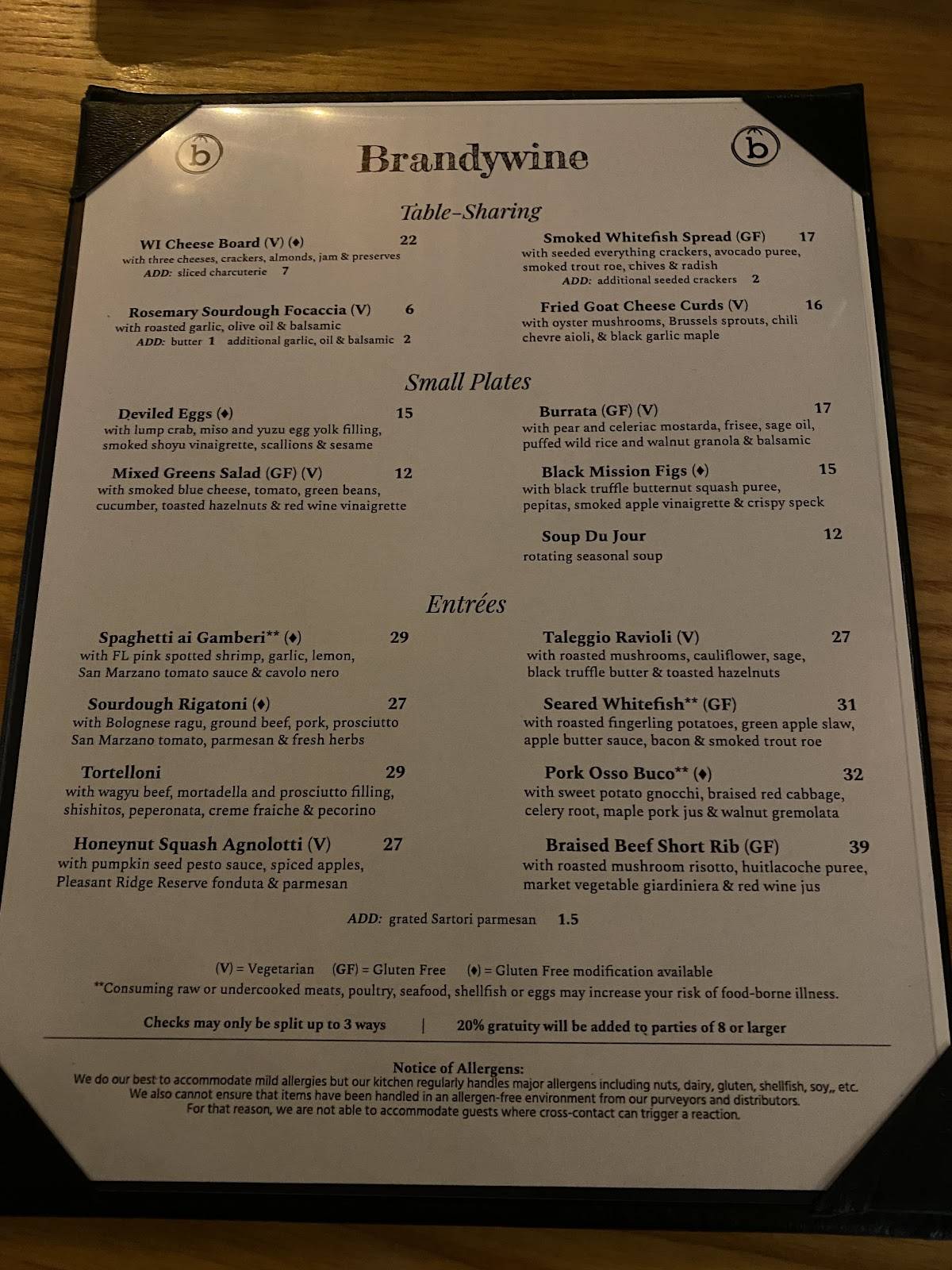 Menu at Brandywine restaurant, Cedarburg