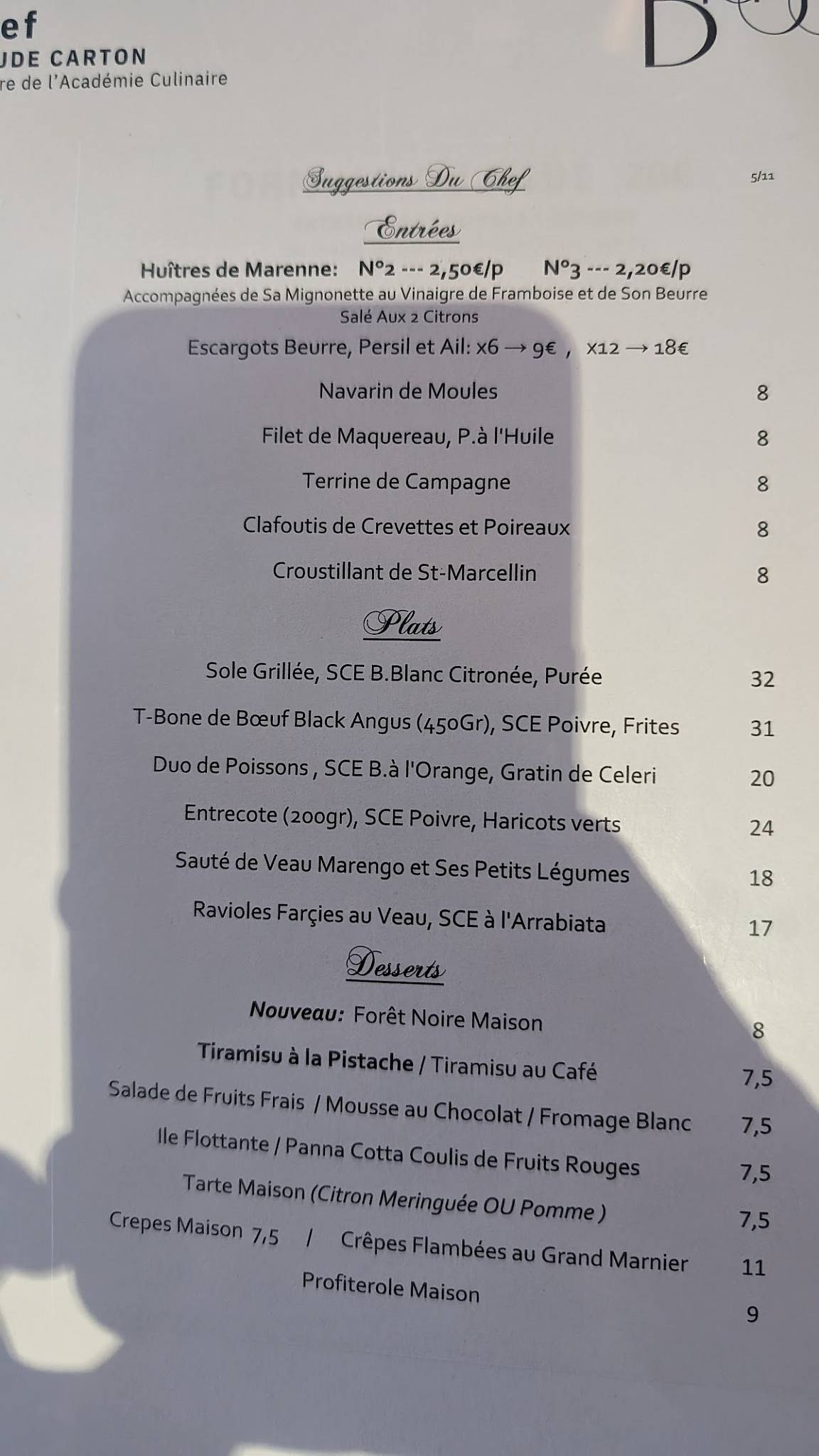 Menu au La Brasserie 1901 restaurant, Saint-Mandé