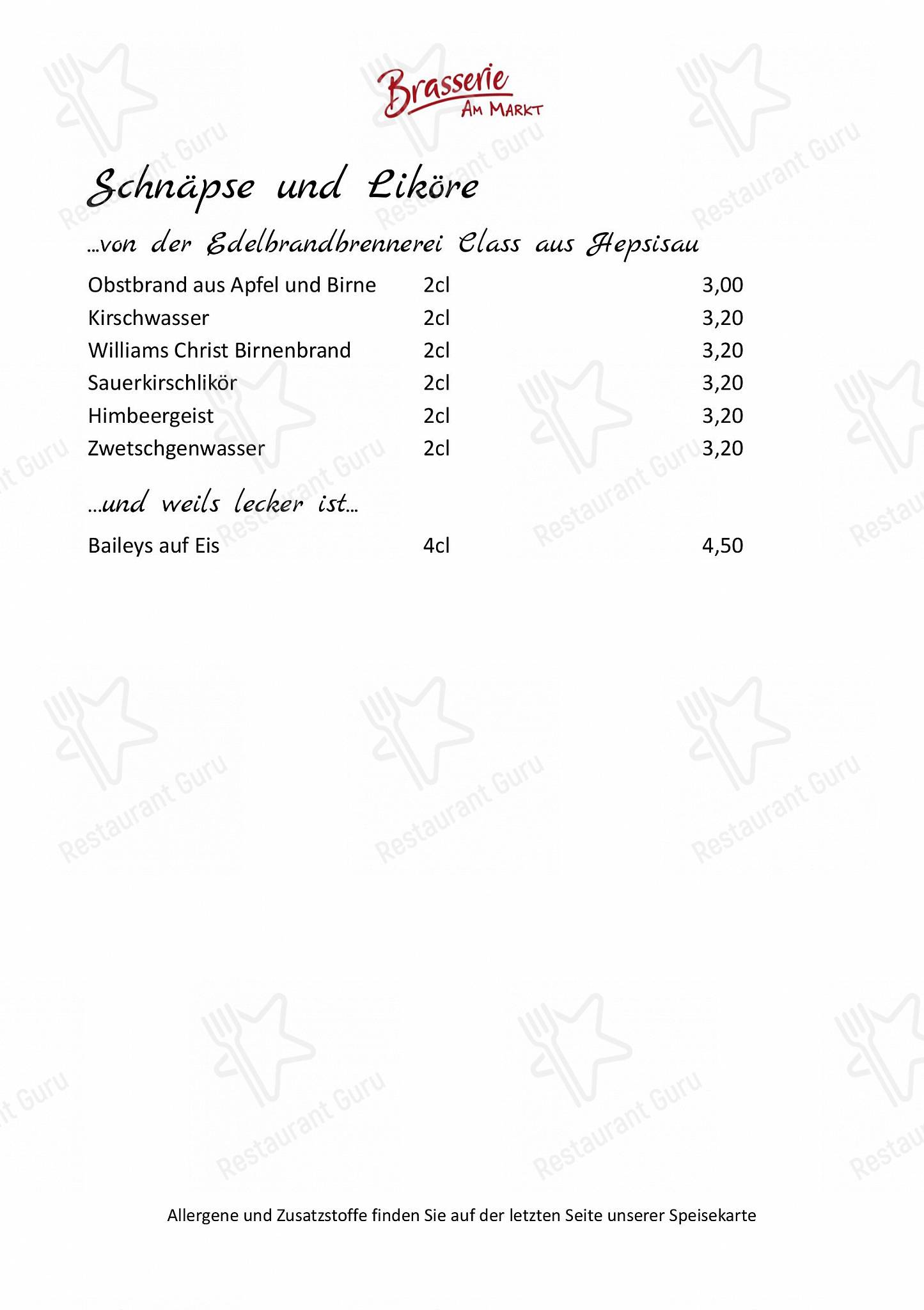 Speisekarte von Brasserie Am Markt restaurant, Weilheim an der Teck