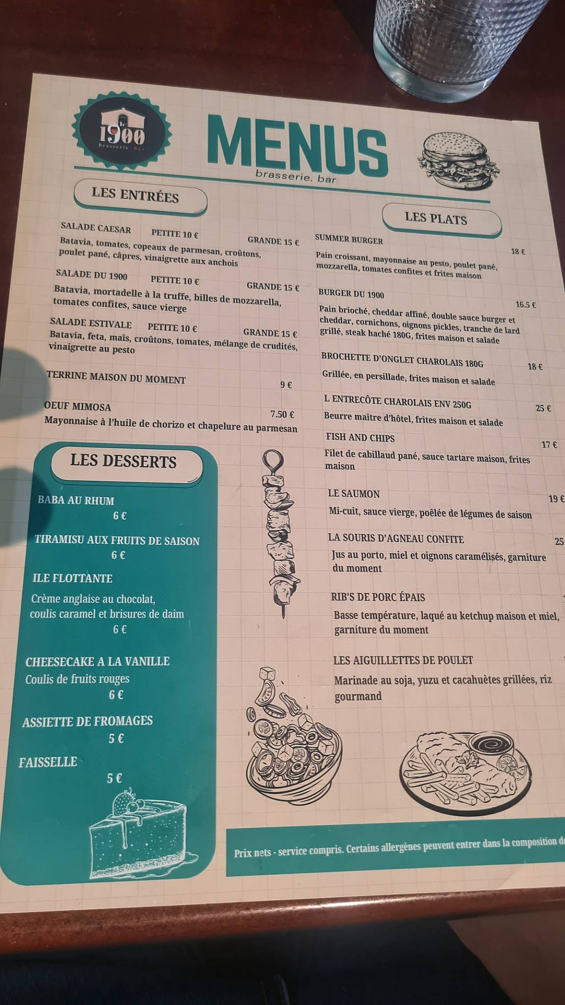 Menu at Brasserie Le 1900 restaurant, Paray-le-Monial, Cr Jean Jaurès