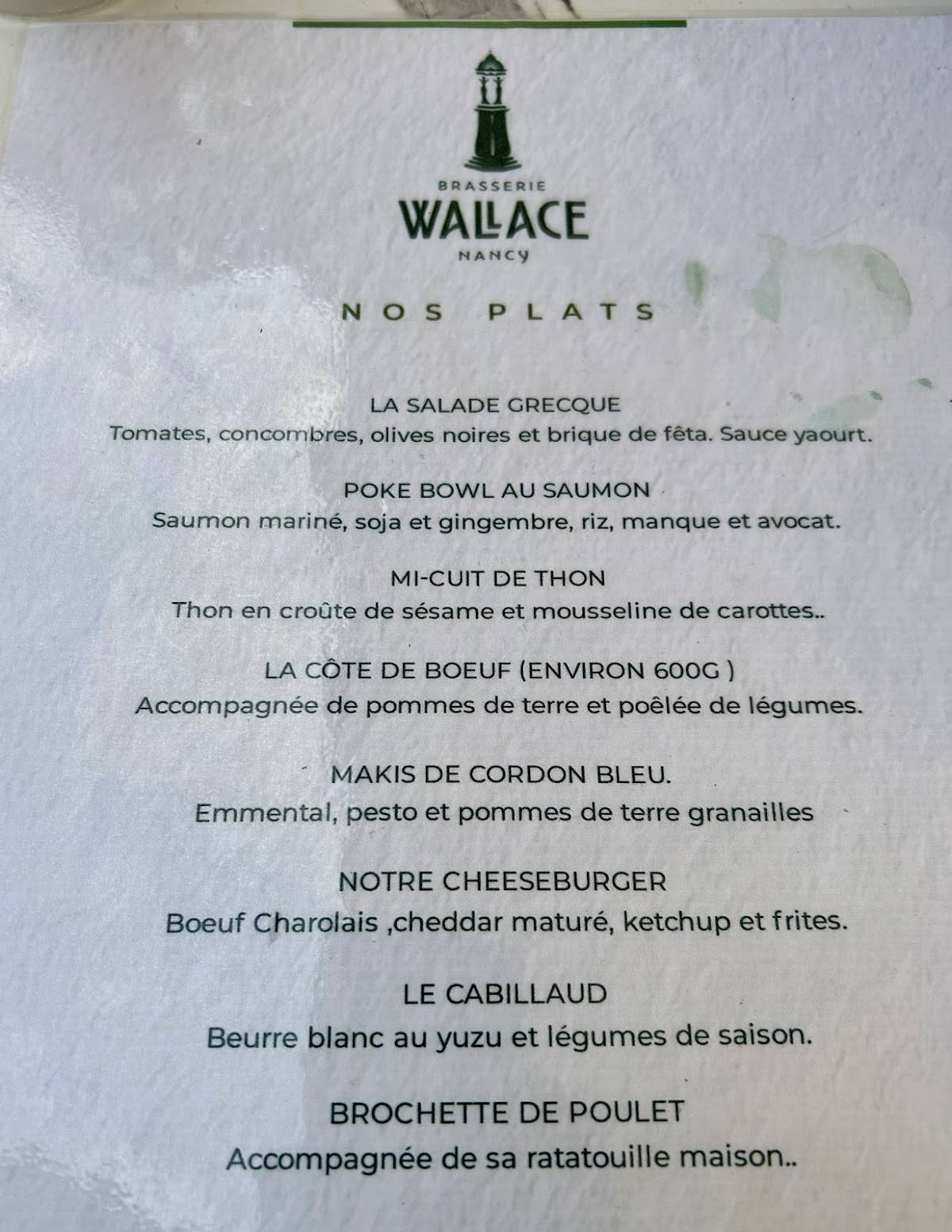 Menu at Brasserie Wallace restaurant, Nancy