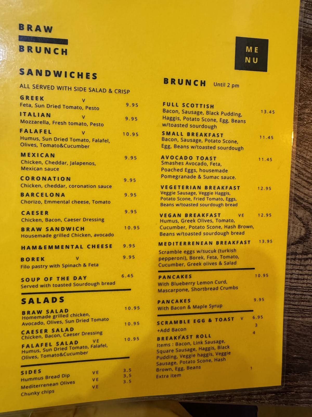 Menu at Braw brunch cafe, Edinburgh