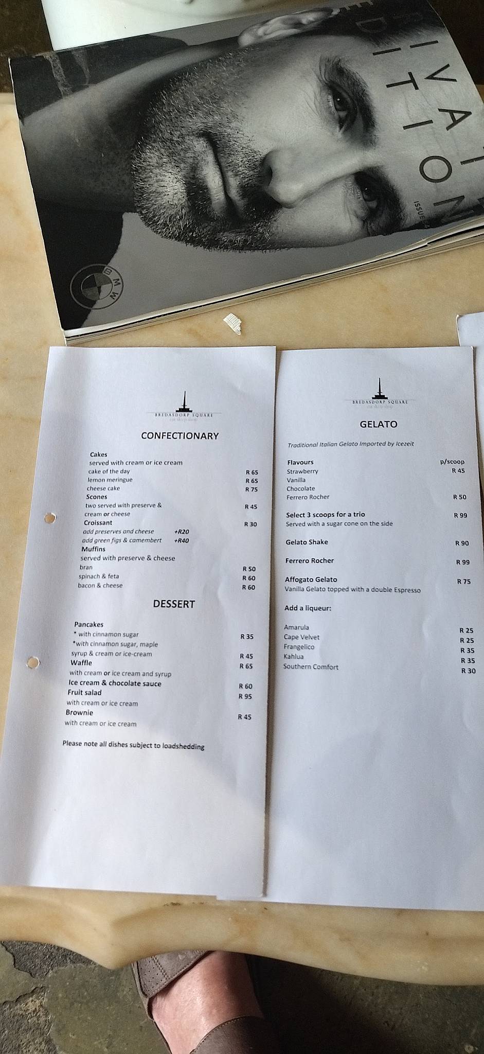 Menu at Bredasdorp Square cafe, Bredasdorp