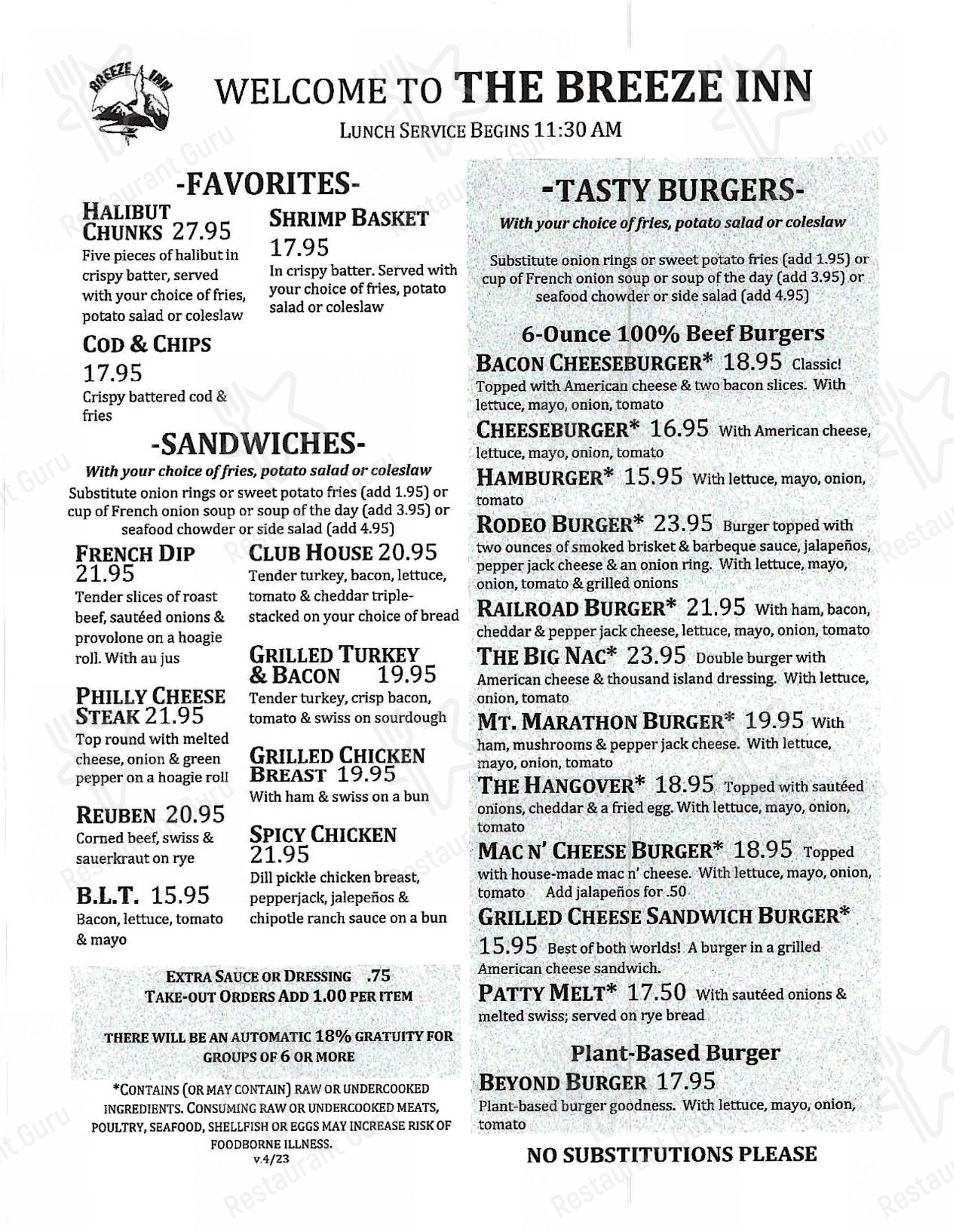 Menu at Breeze Inn Restaurant & Lounge, Seward