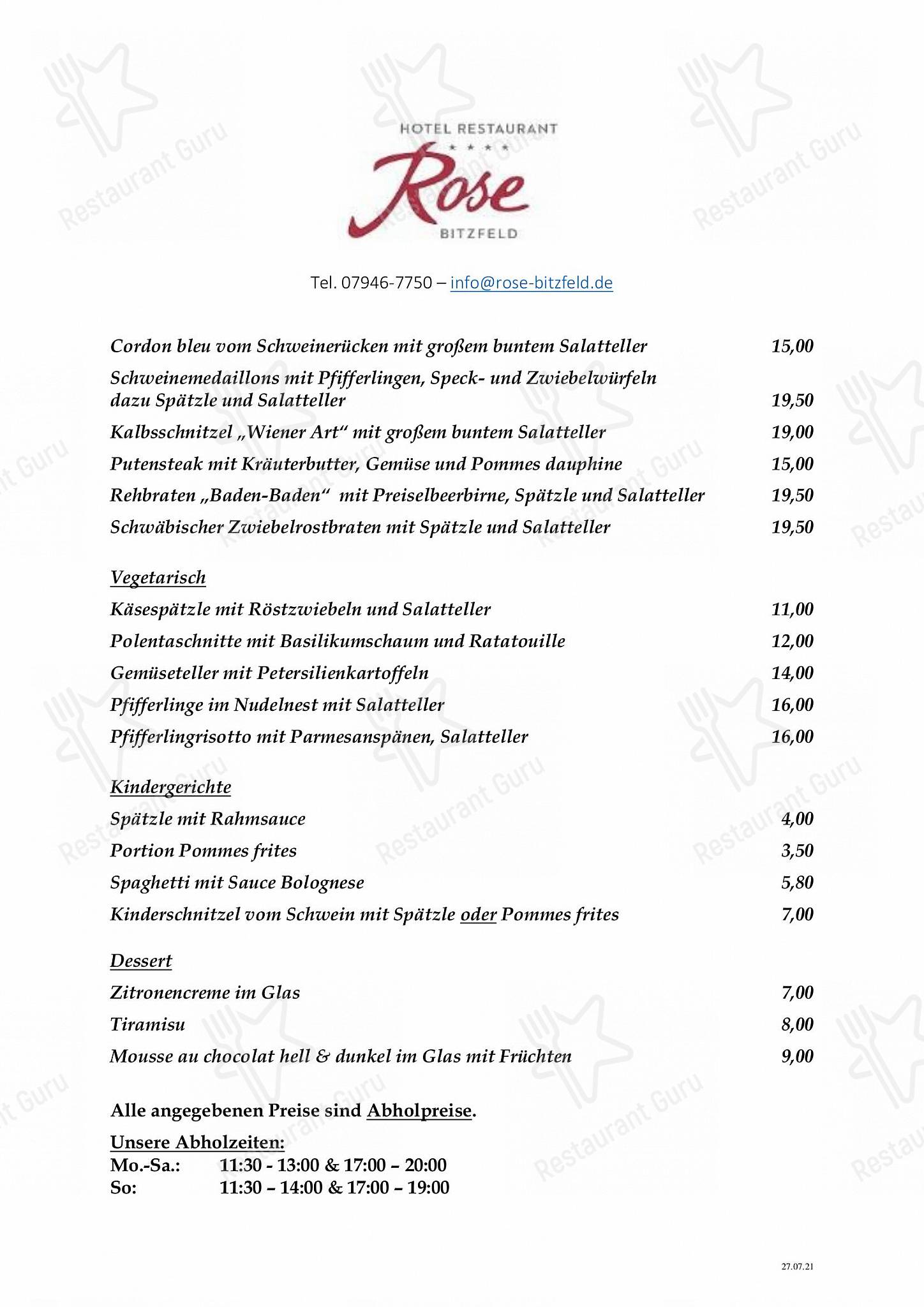 Speisekarte von Hotel-Restaurant Rose Familie Carle, Bretzfeld