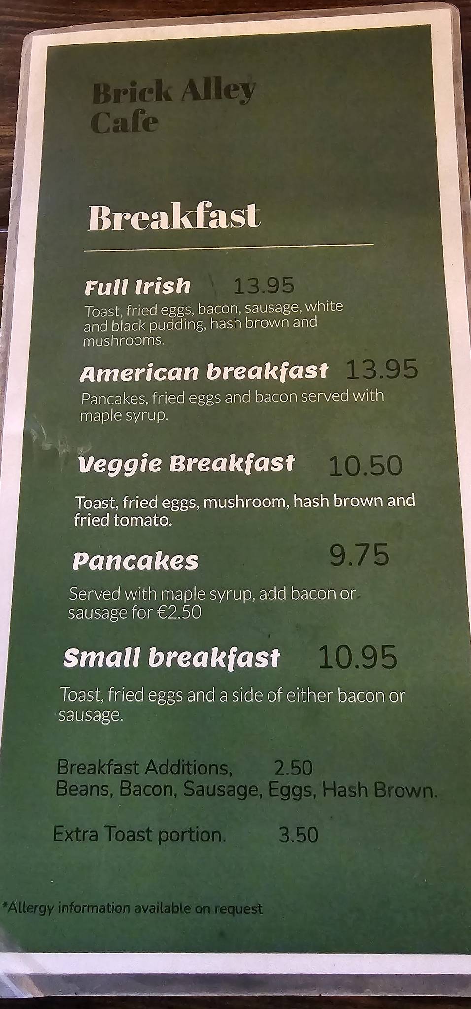 Menu at Brick Alley Café cafe, Dublin