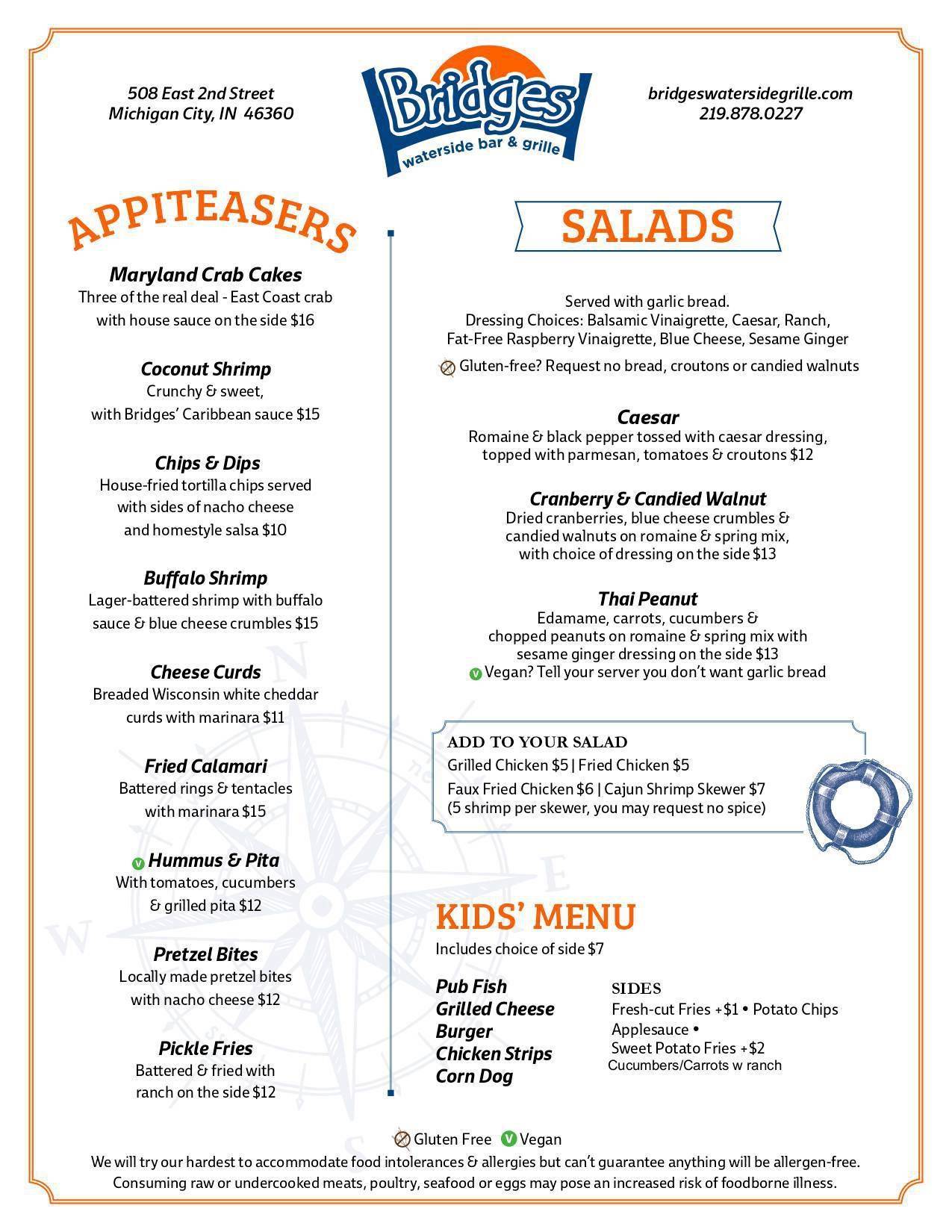 Menu at Bridges Waterside Grille restaurant, Michigan City