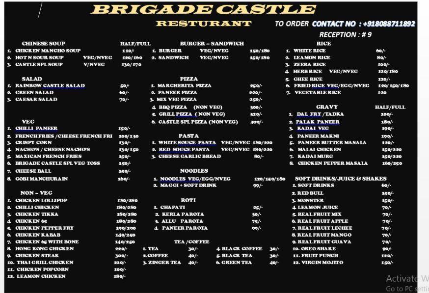 Menu at Brigade Castle, Bengaluru