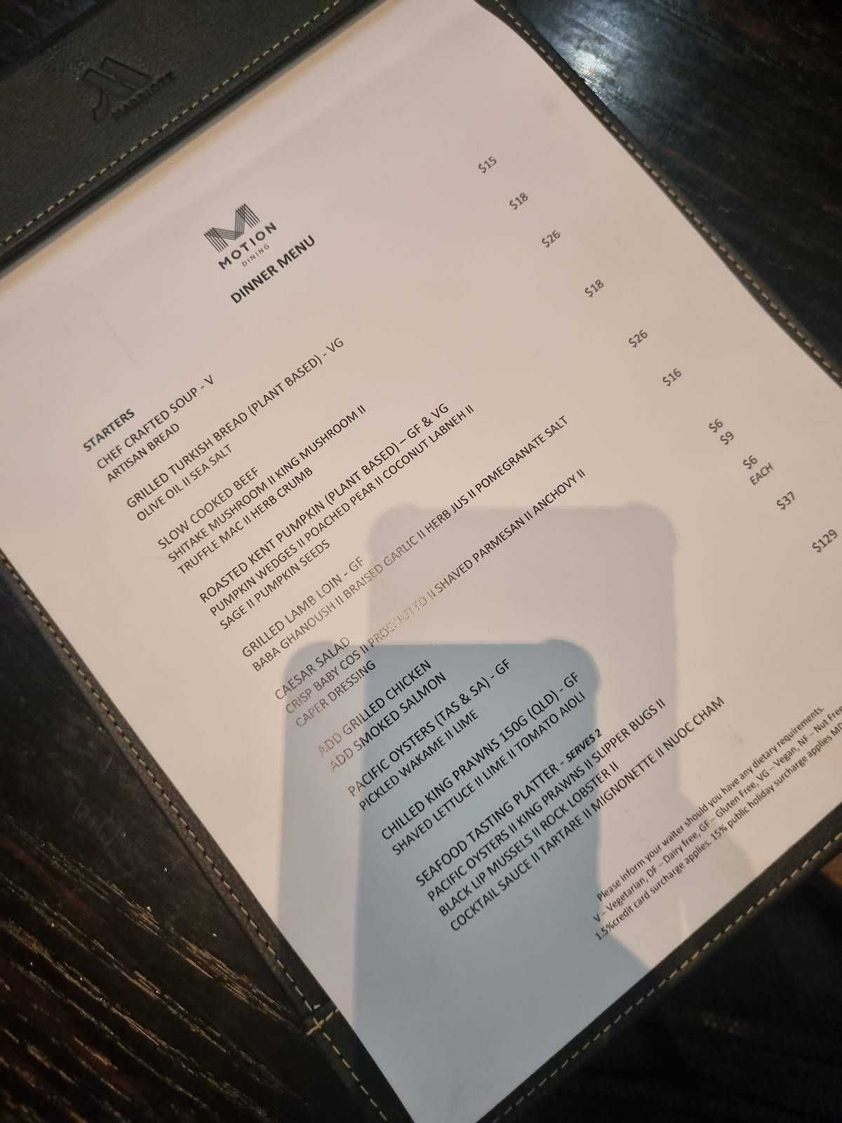 Menu at Motion Dining restaurant, Brisbane City