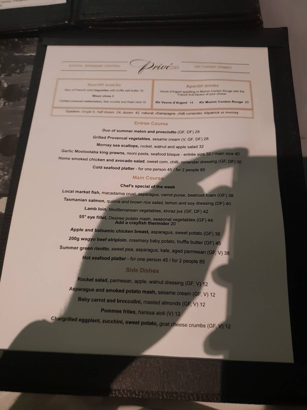 Menu at Privé restaurant, Brisbane City, Sofitel Brisbane Central