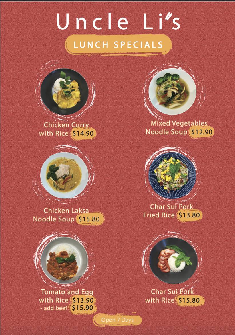 Menu at Uncle Li's restaurant, Brisbane City, Post Office Square Park