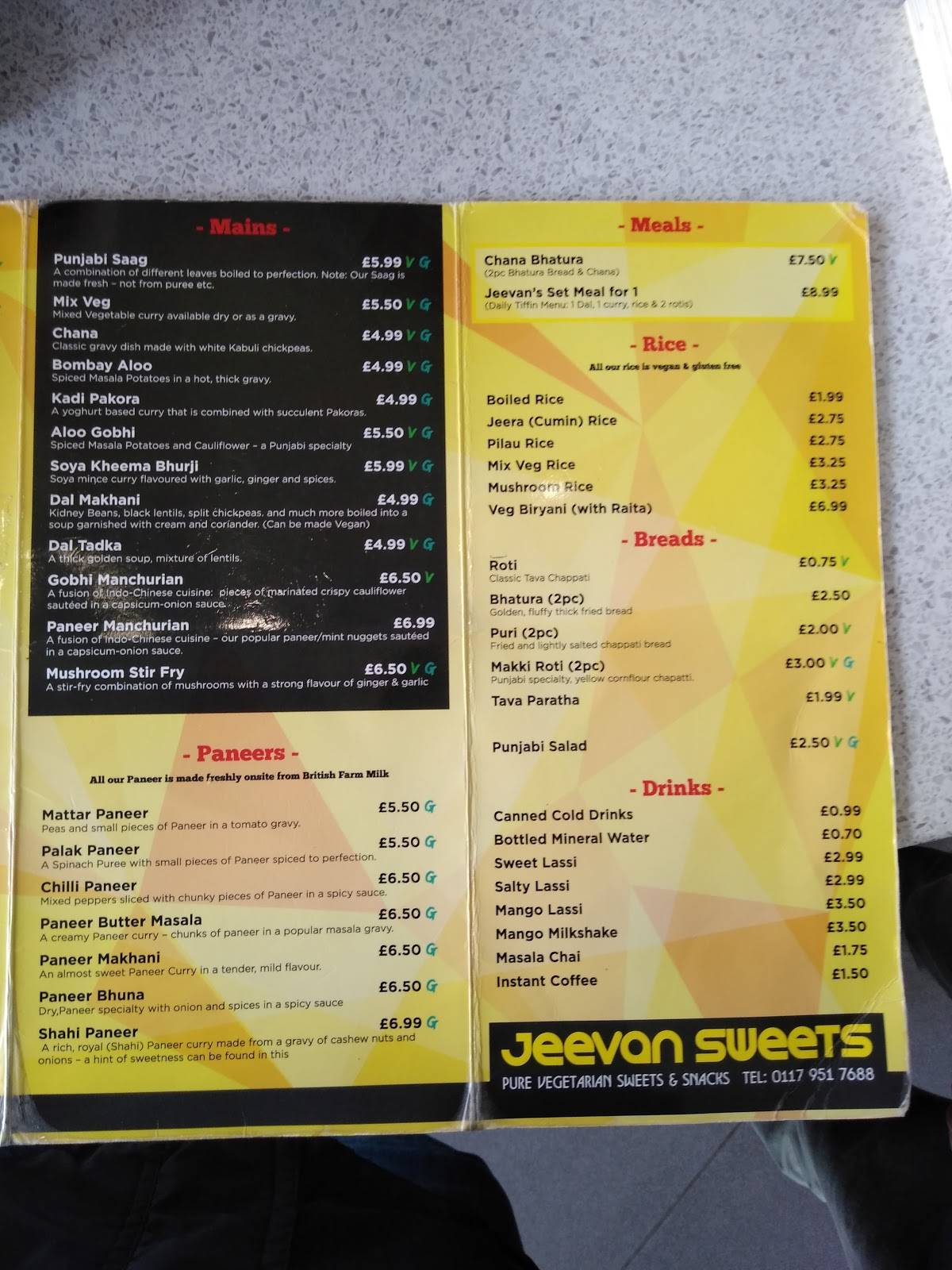 Menu at Jeevan Sweets restaurant, Bristol