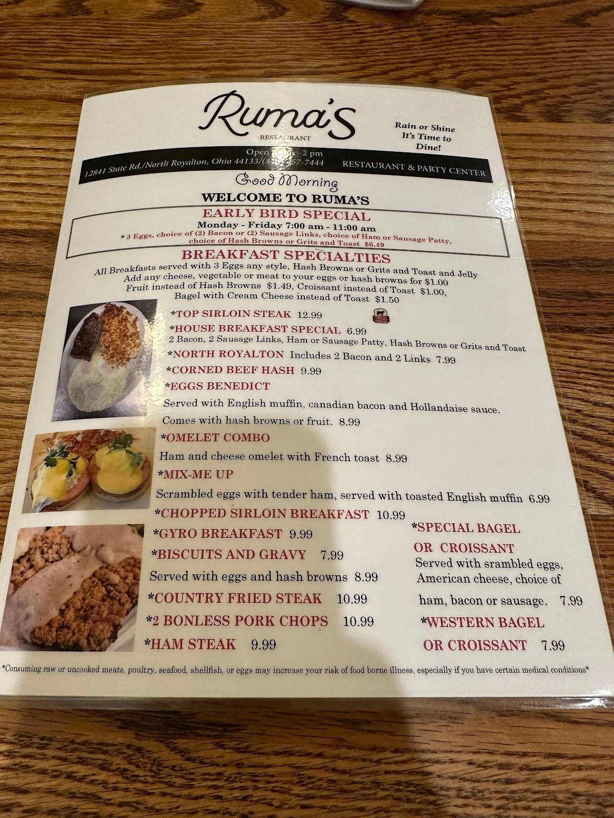 Menu at RUMA’S RESTAURANT, North Royalton