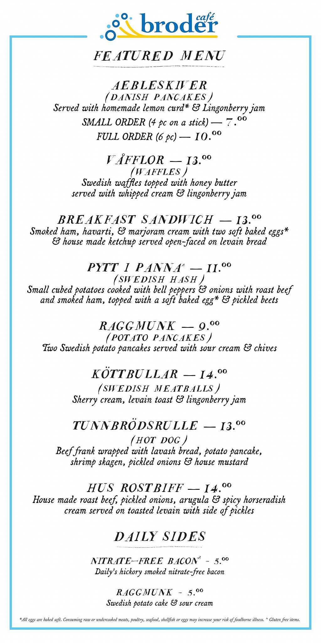 Menu at Broder Söder cafe, Portland, SW Oleson Rd