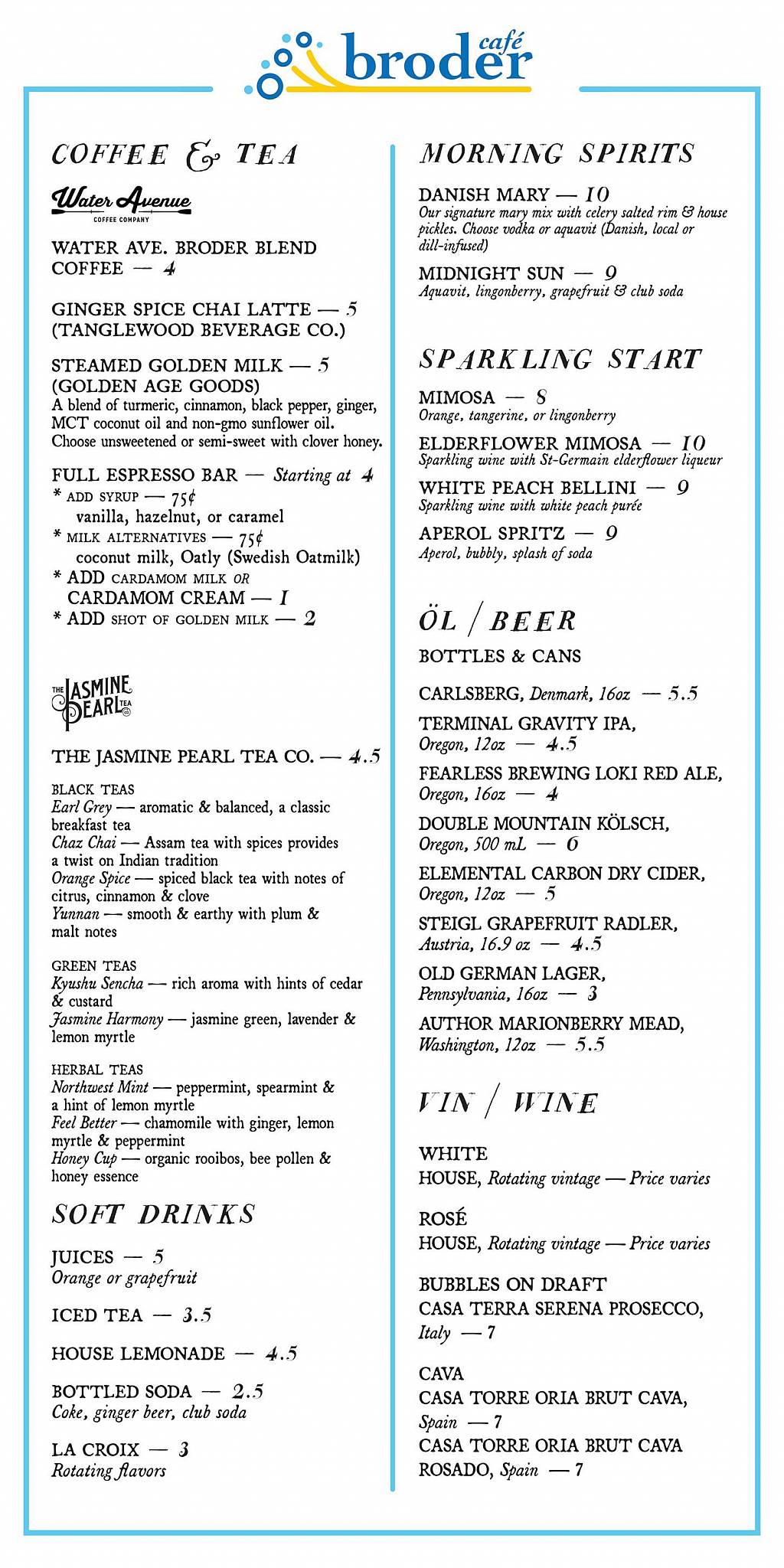 Menu at Broder Söder cafe, Portland, SW Oleson Rd