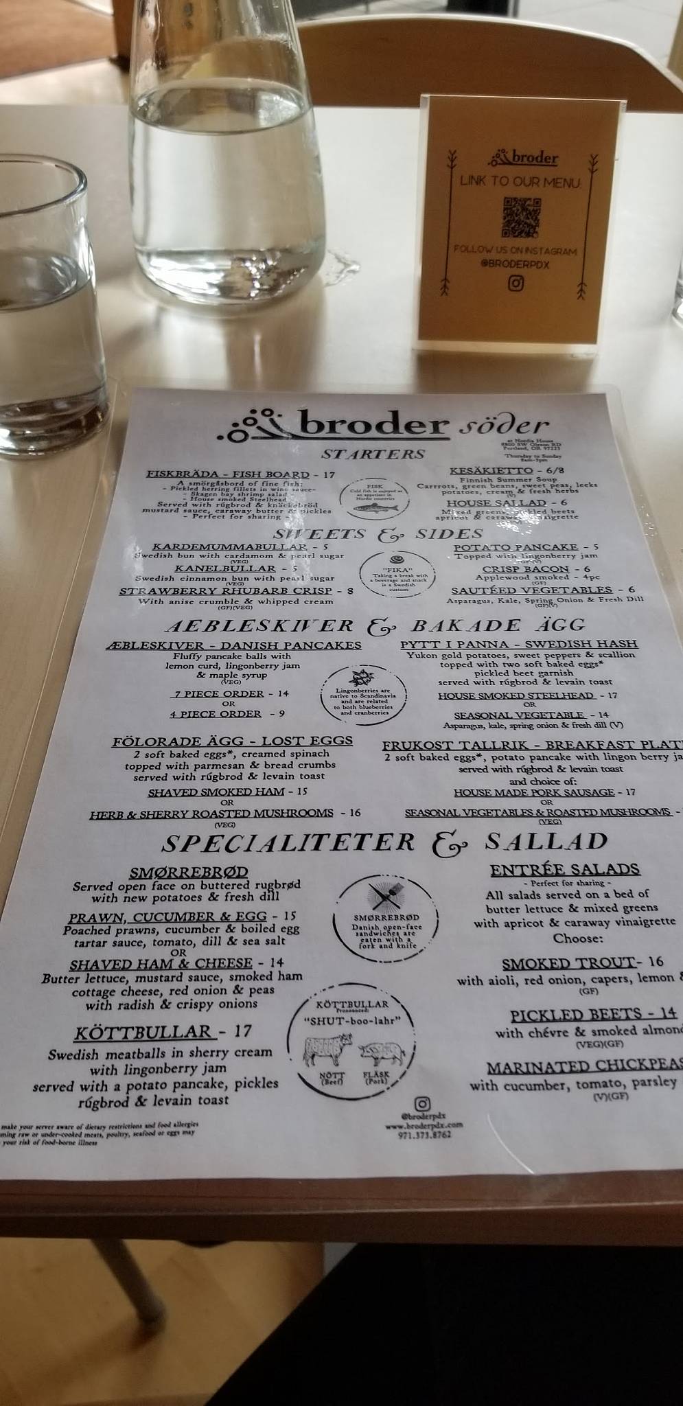 Menu at Broder Söder cafe, Portland, SW Oleson Rd
