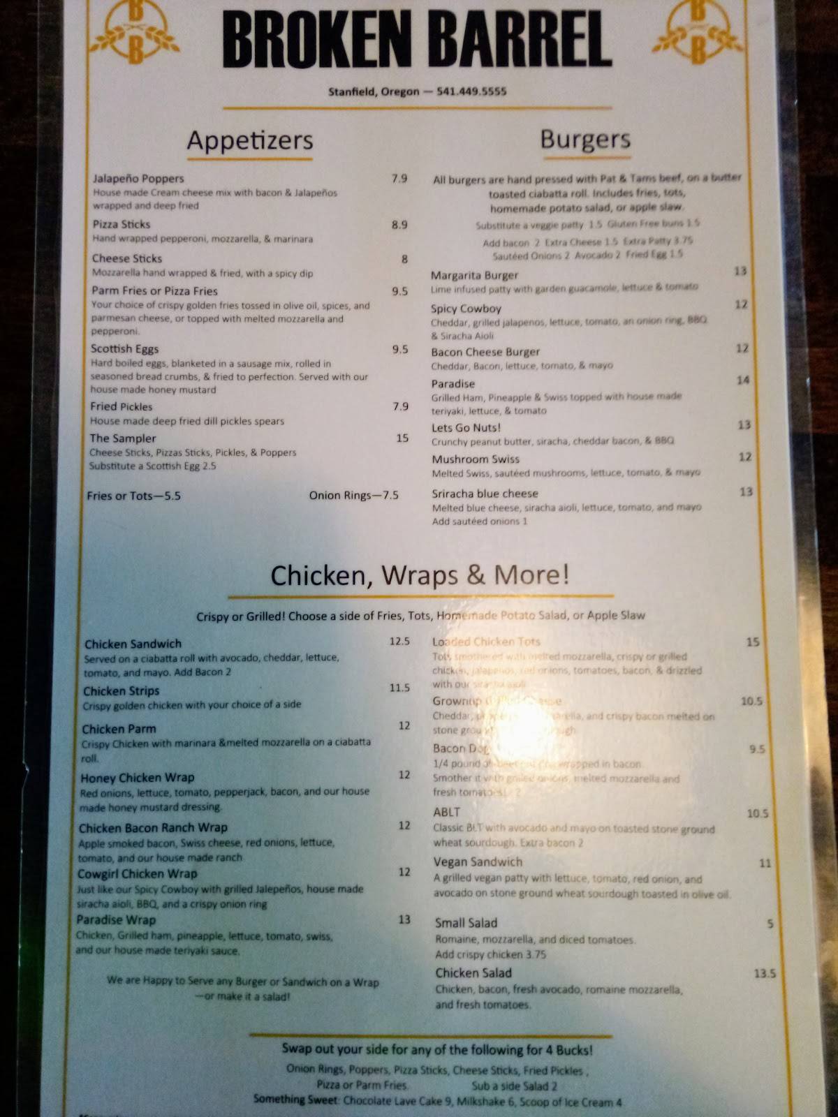 Menu at Broken Barrel, Stanfield