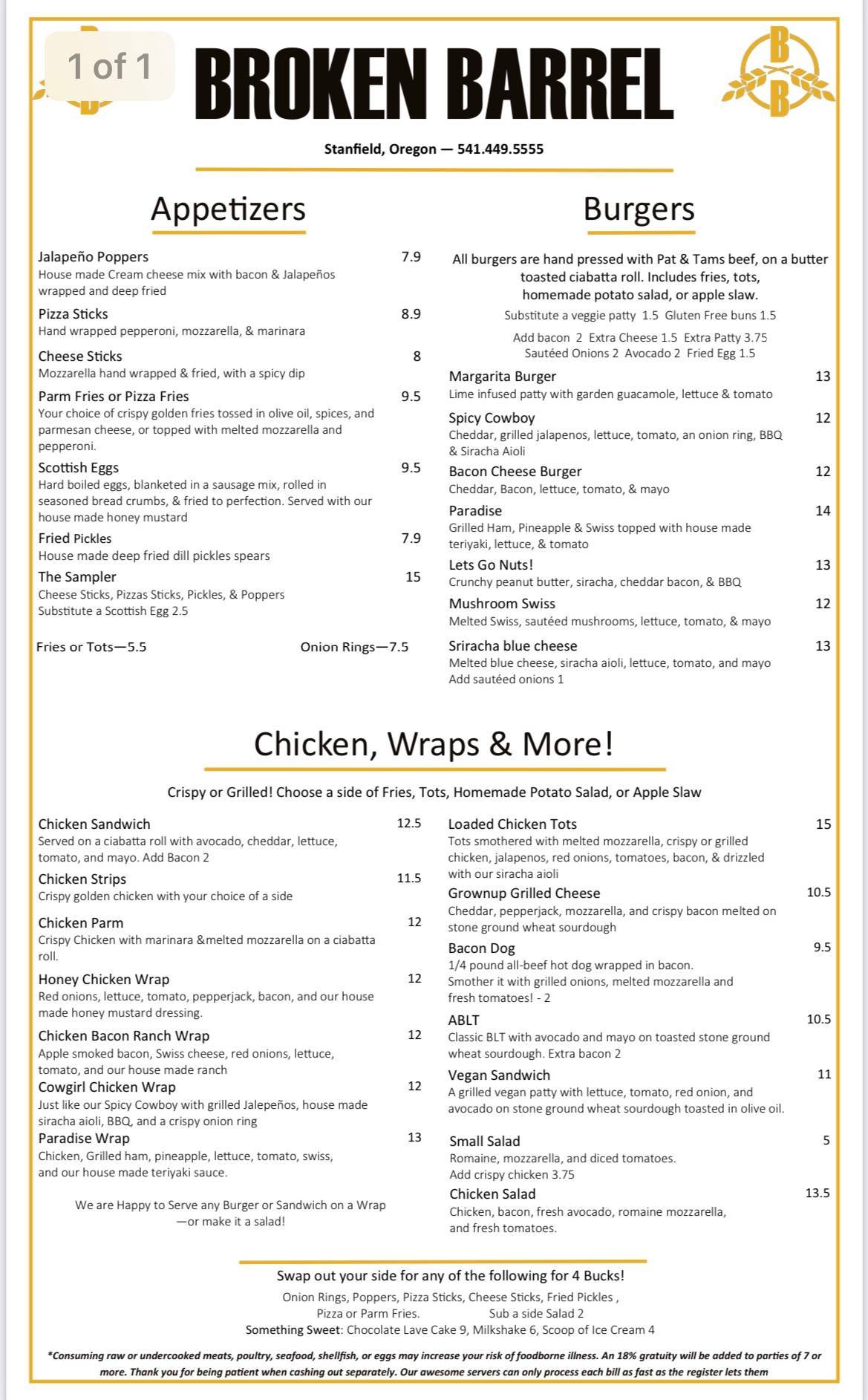 Menu at Broken Barrel, Stanfield