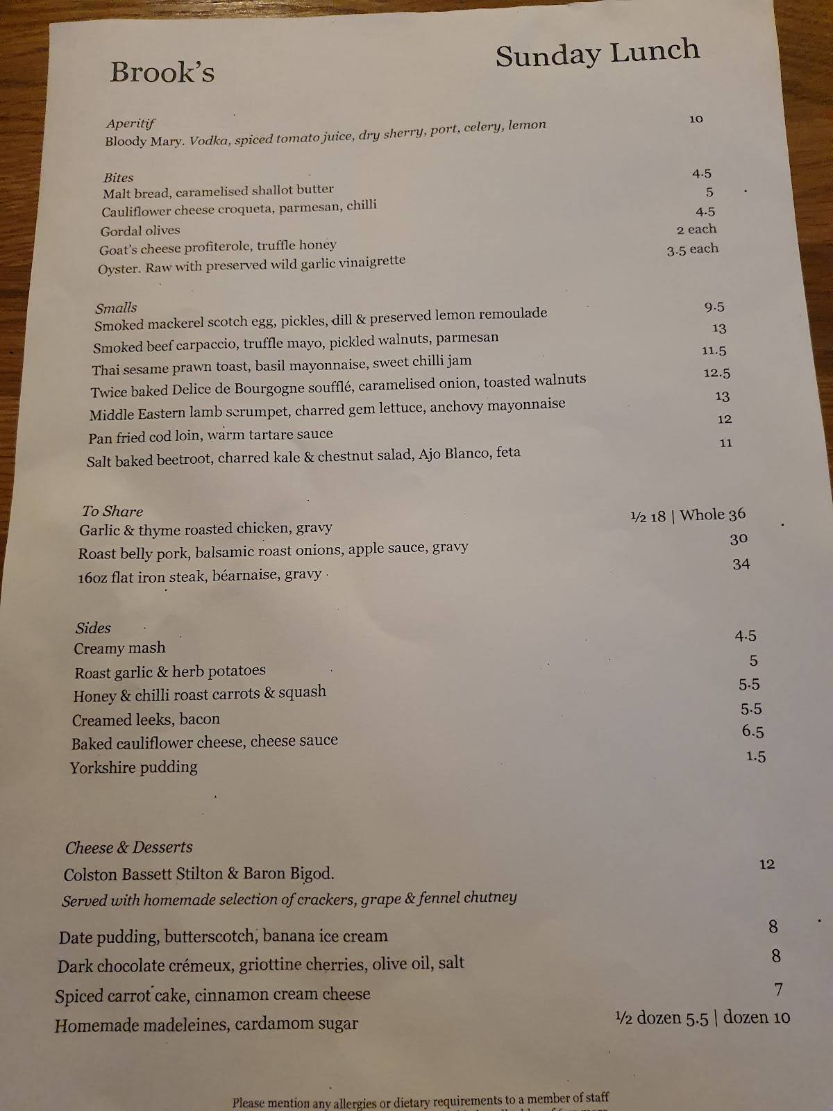 Menu at Brook's Restaurant, Brighouse