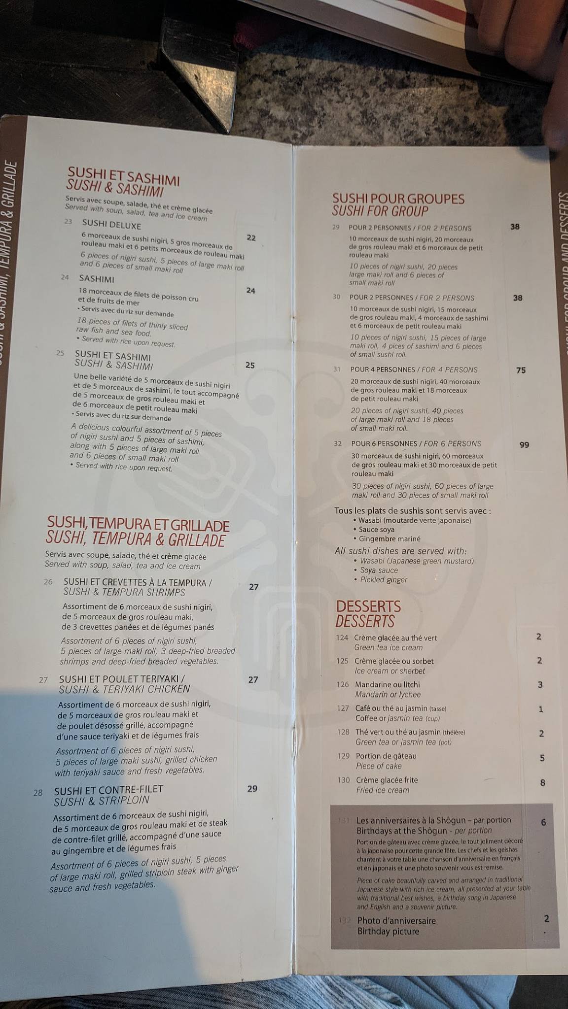 Menu au Shogun restaurant, Brossard