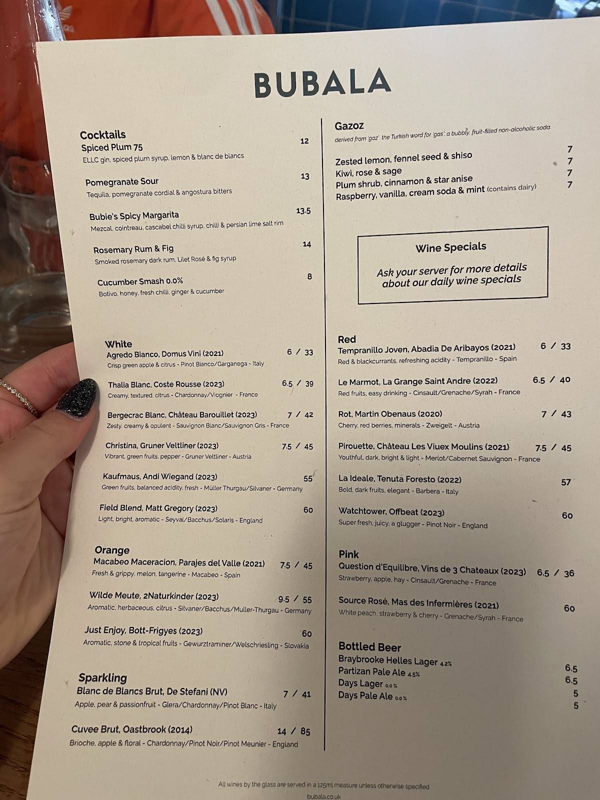 Menu at Bubala Spitalfields restaurant, London