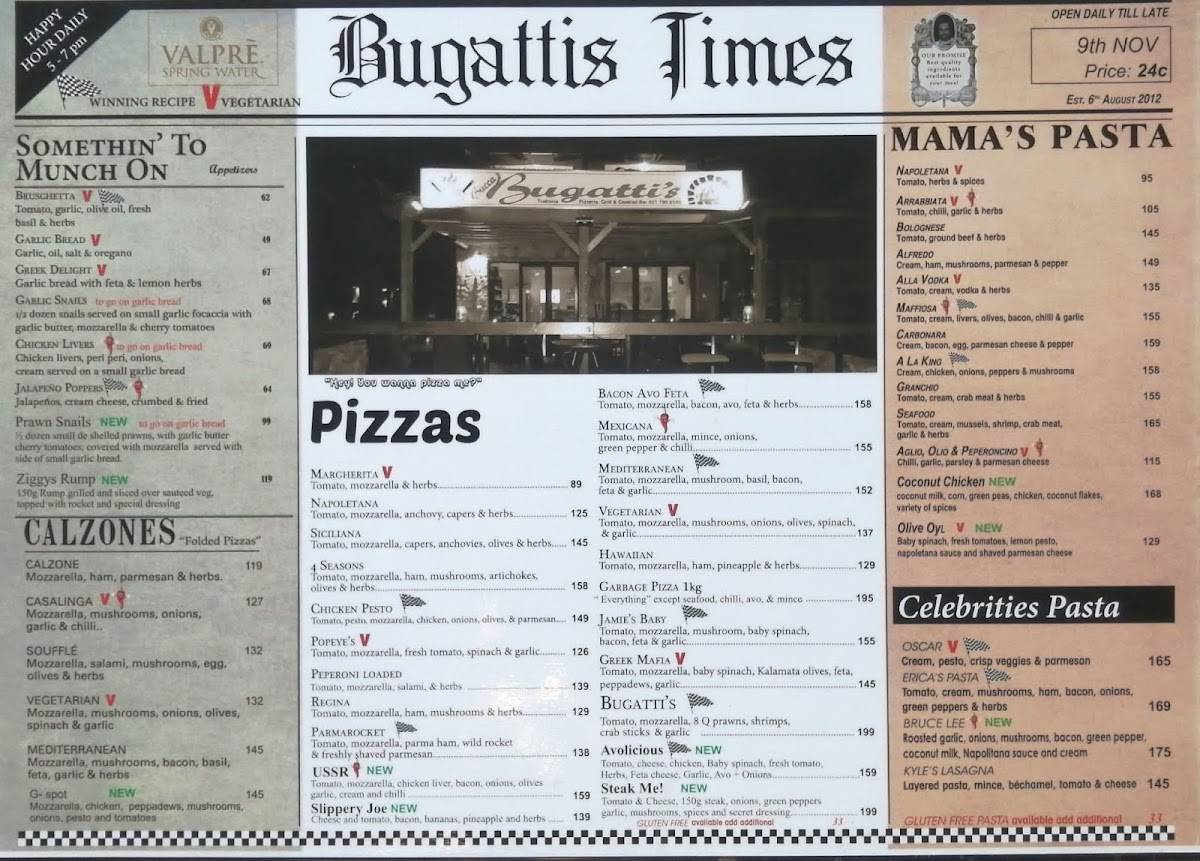 Menu at Bucca Bugattis restaurant, Cape Town