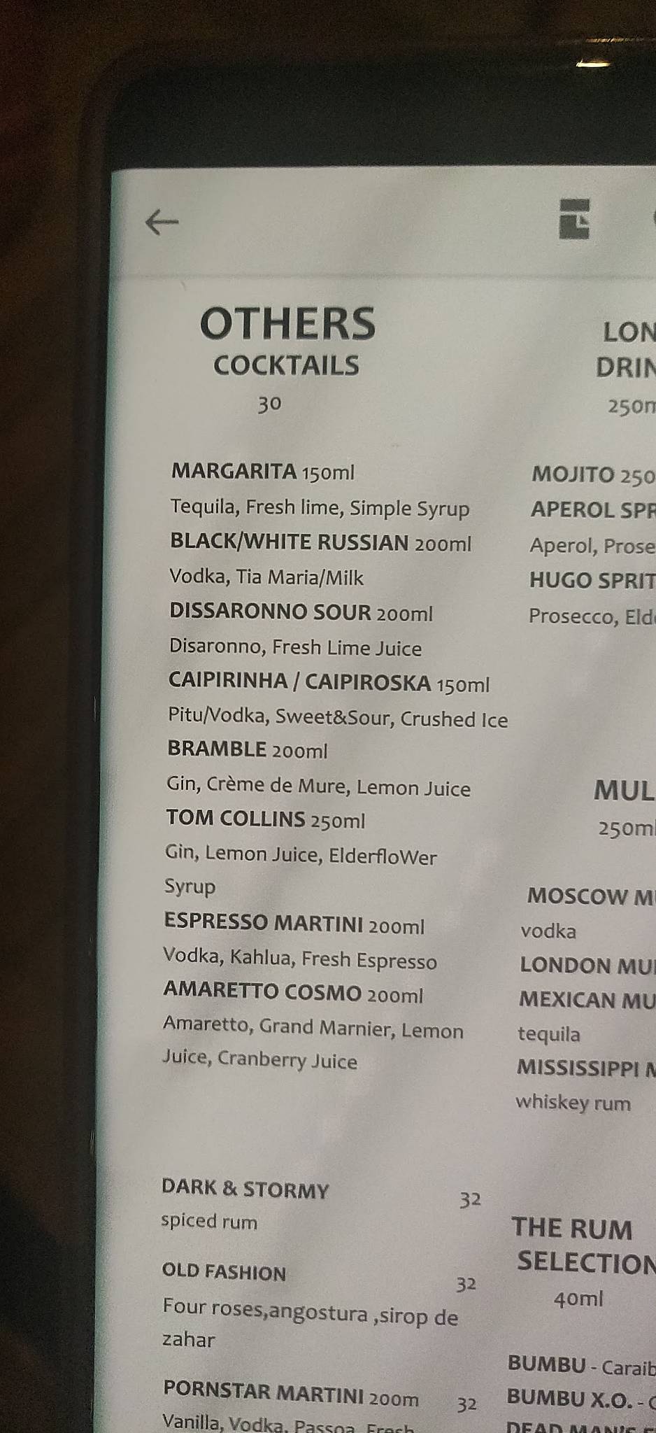 Menu at Sera Eden, Bucharest