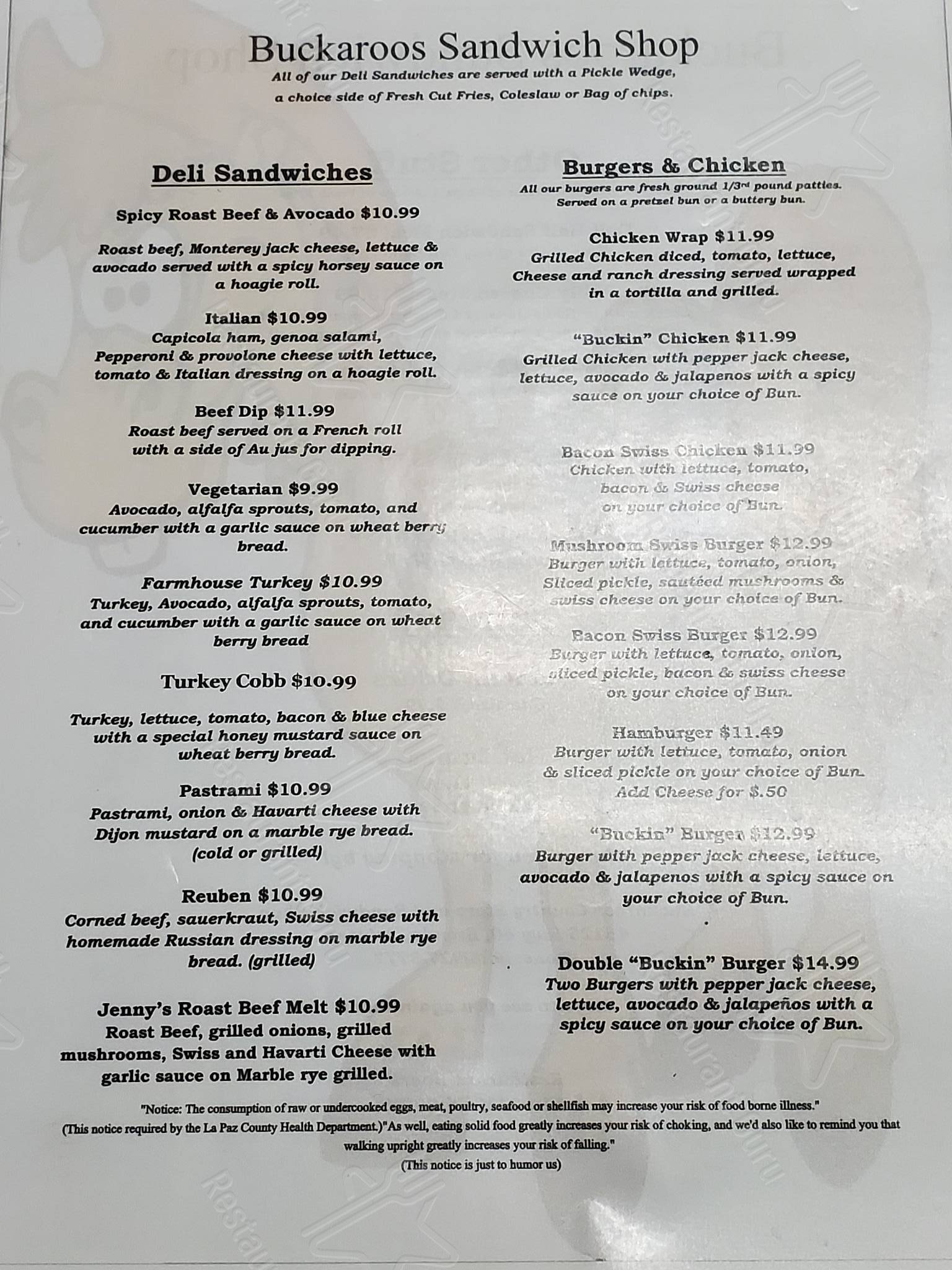Menu at Buckaroos Restaurant café, Brenda