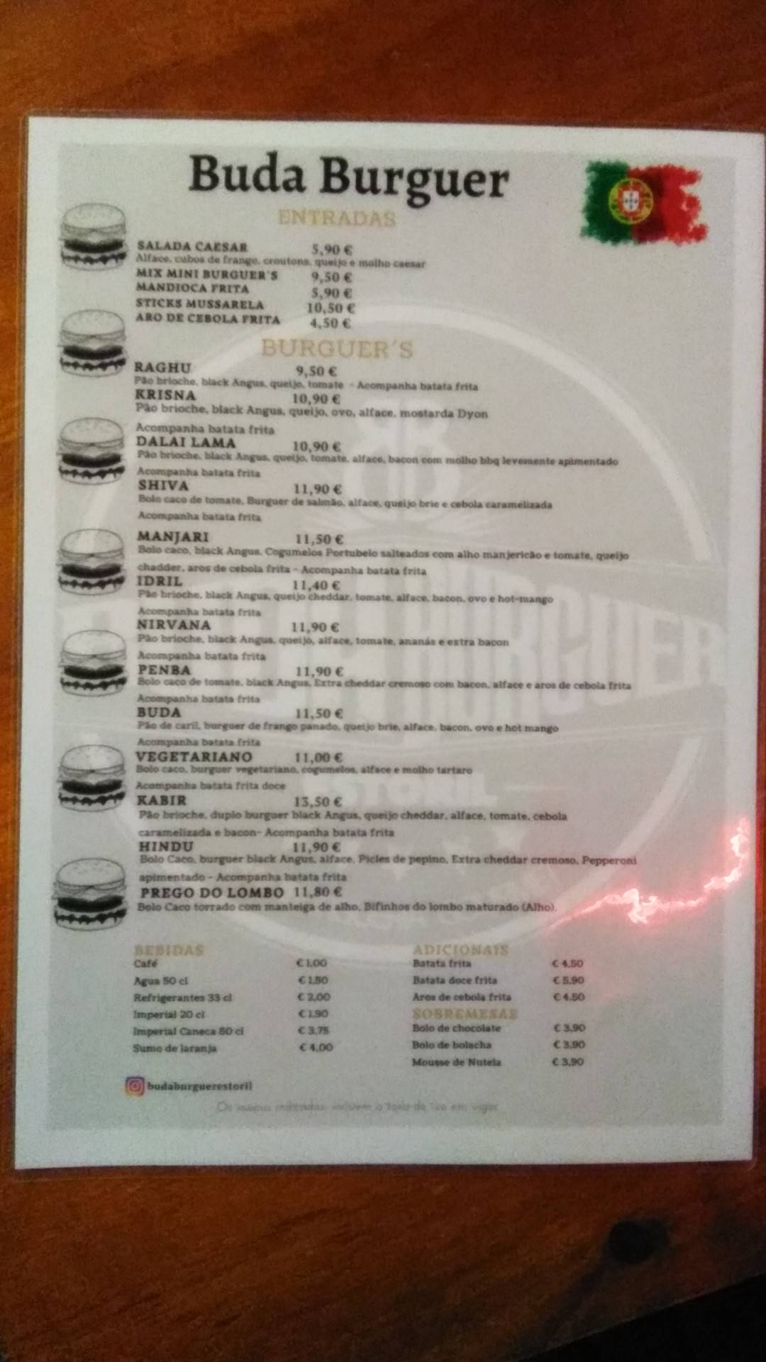 Menu at Buda Burguer restaurant, Estoril