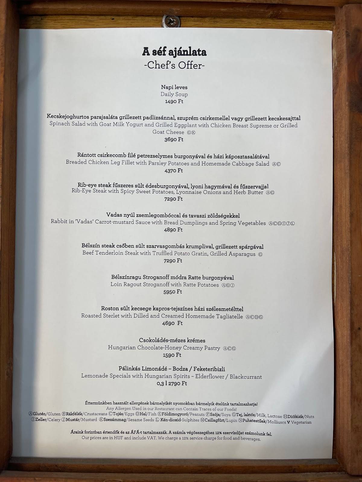 Menu at Gettó Gulyás restaurant, Budapest