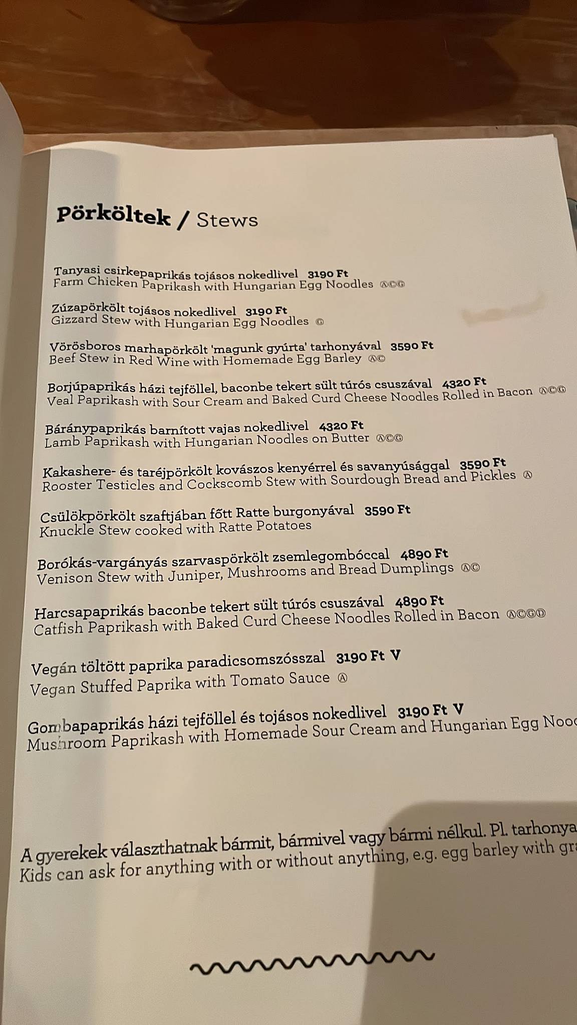 Menu at Gettó Gulyás restaurant, Budapest