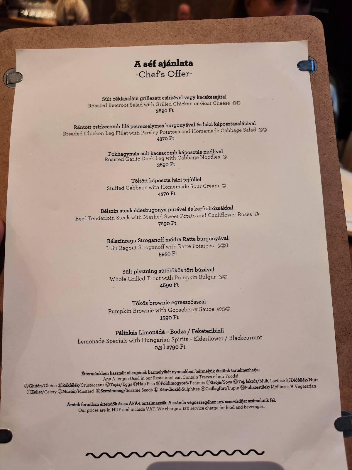 Menu at Gettó Gulyás restaurant, Budapest
