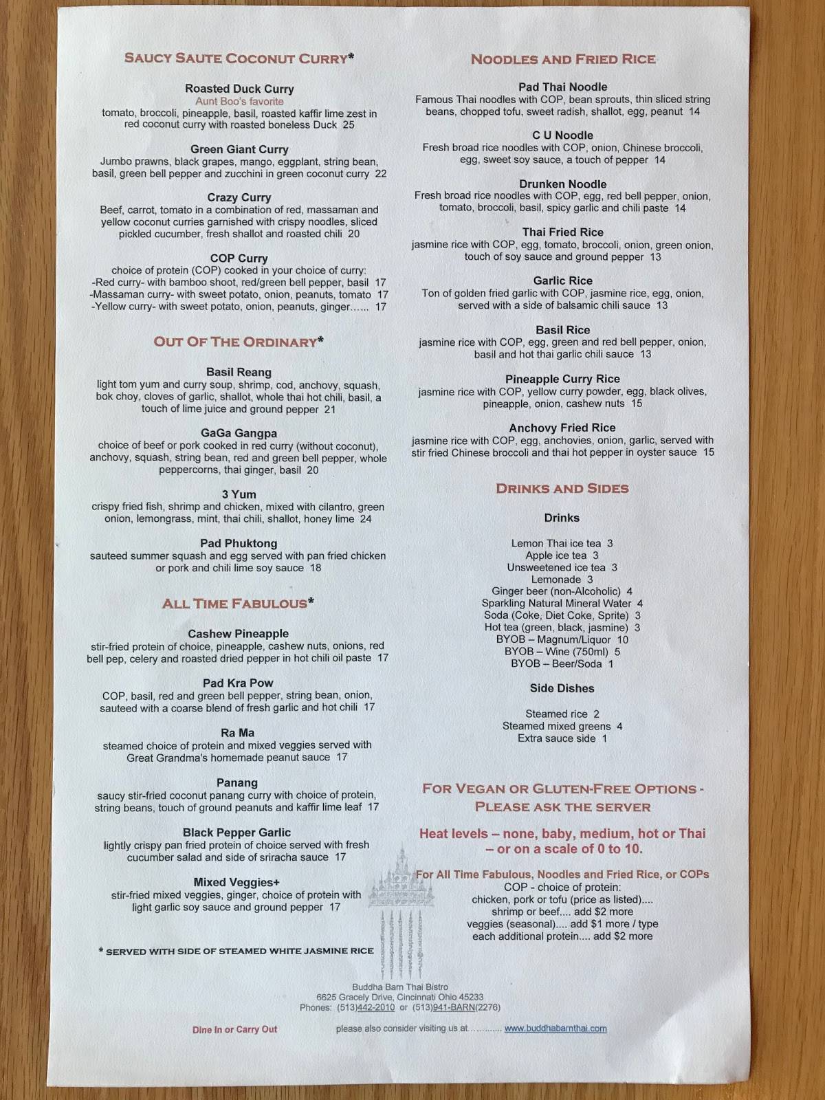 Menu at Buddha Barn Thai, Cincinnati