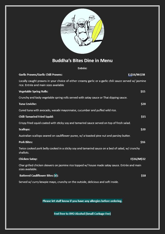 Menu at Buddhas Bites restaurant, Kalbarri
