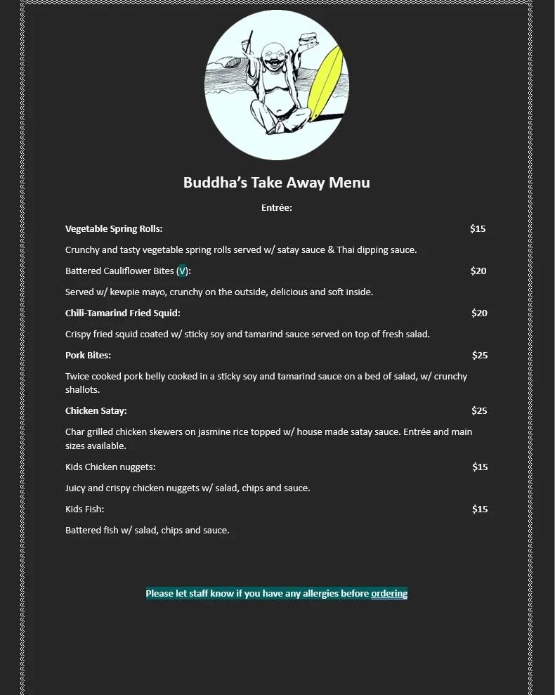 Menu at Buddhas Bites restaurant, Kalbarri