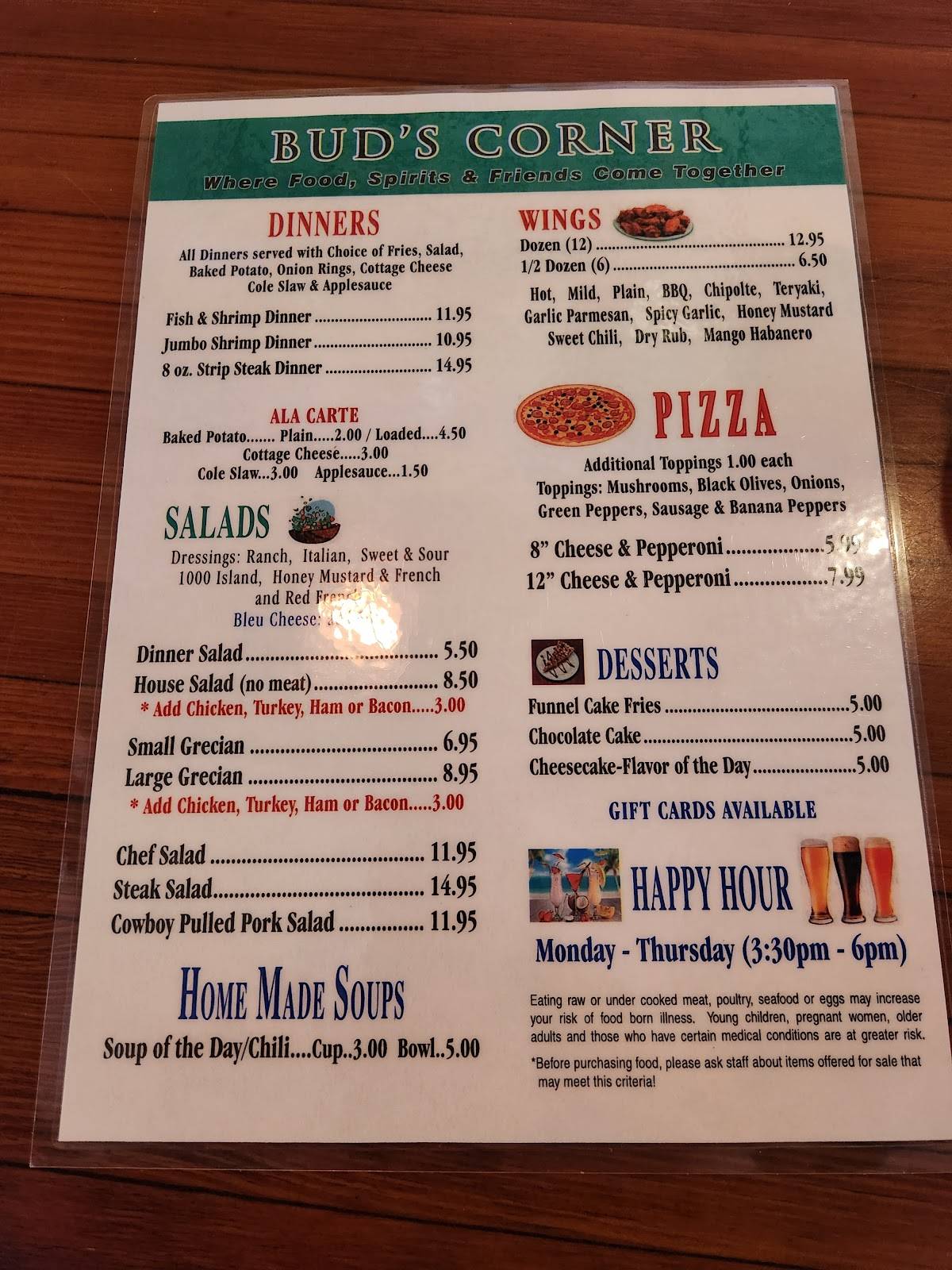 Menu at Bud's Corner pub & bar, Louisville