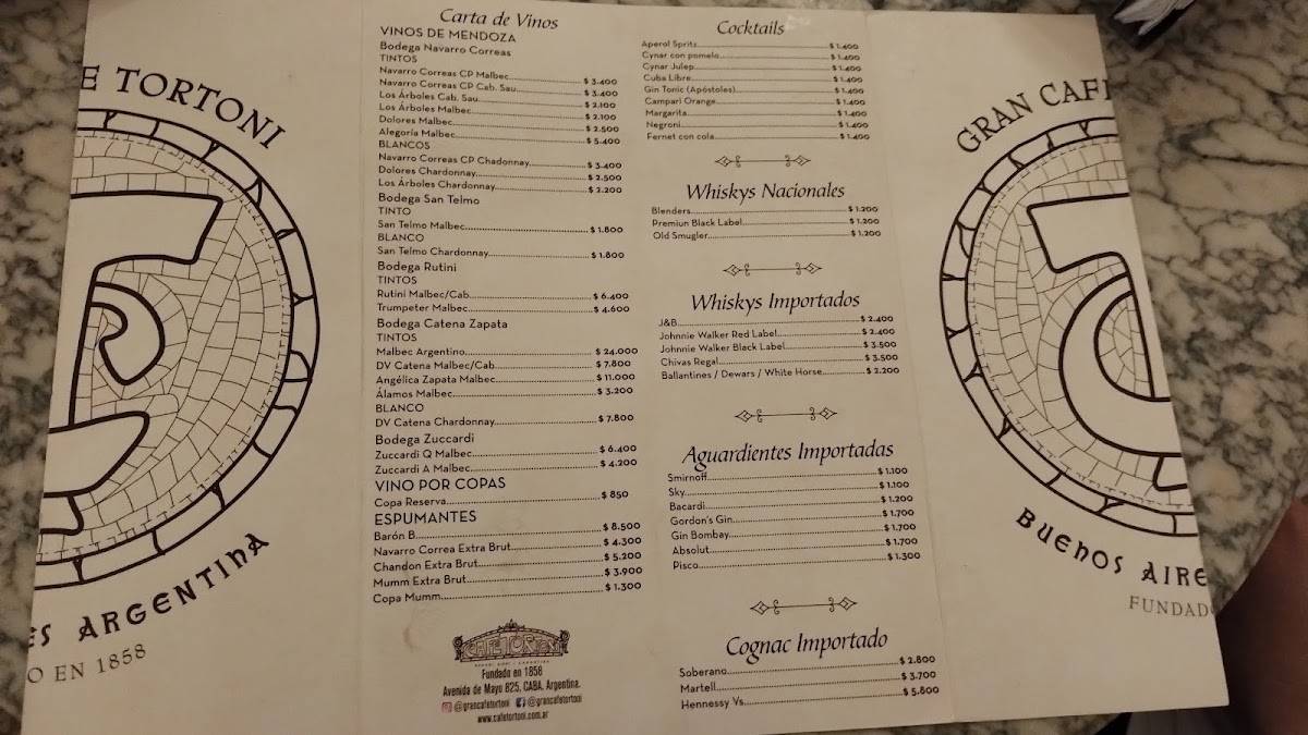 Menu at Café Tortoni, Buenos Aires, Av. de Mayo 825