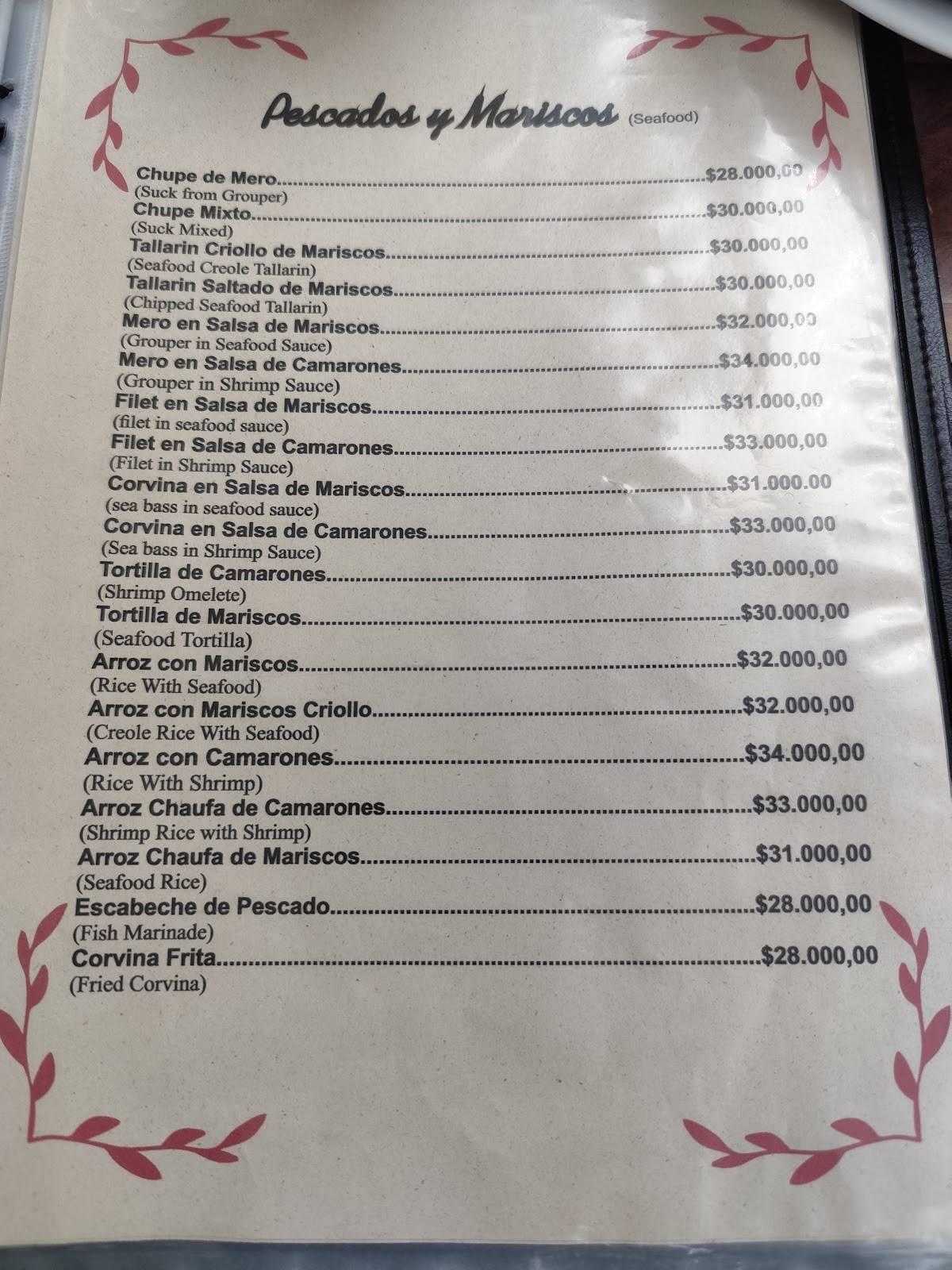 Carta del restaurante La Conga, Buenos Aires
