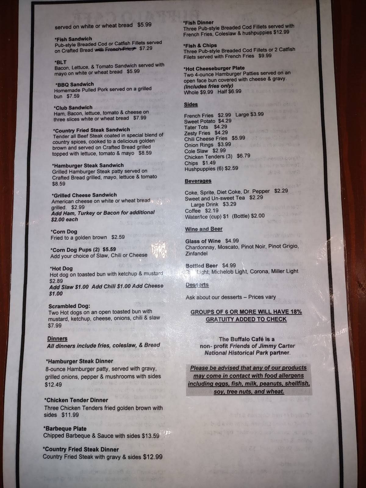 Menu at Buffalo Cafe at the Old Bank, Plains