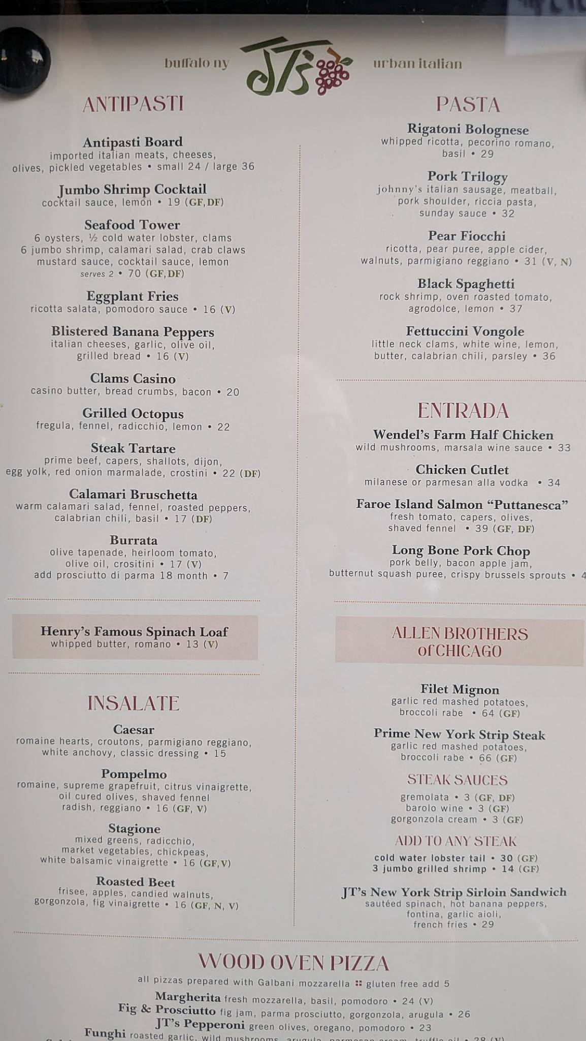 Menu at JT’s Urban Italian pub & bar, Buffalo