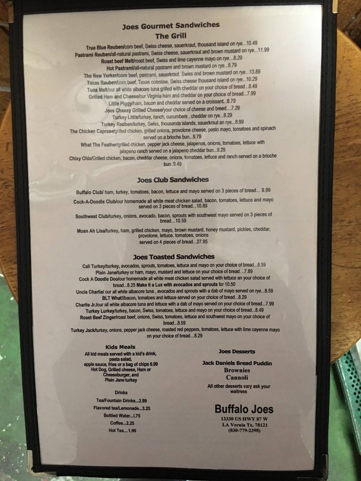 Menu at Buffalo Joes restaurant, La Vernia